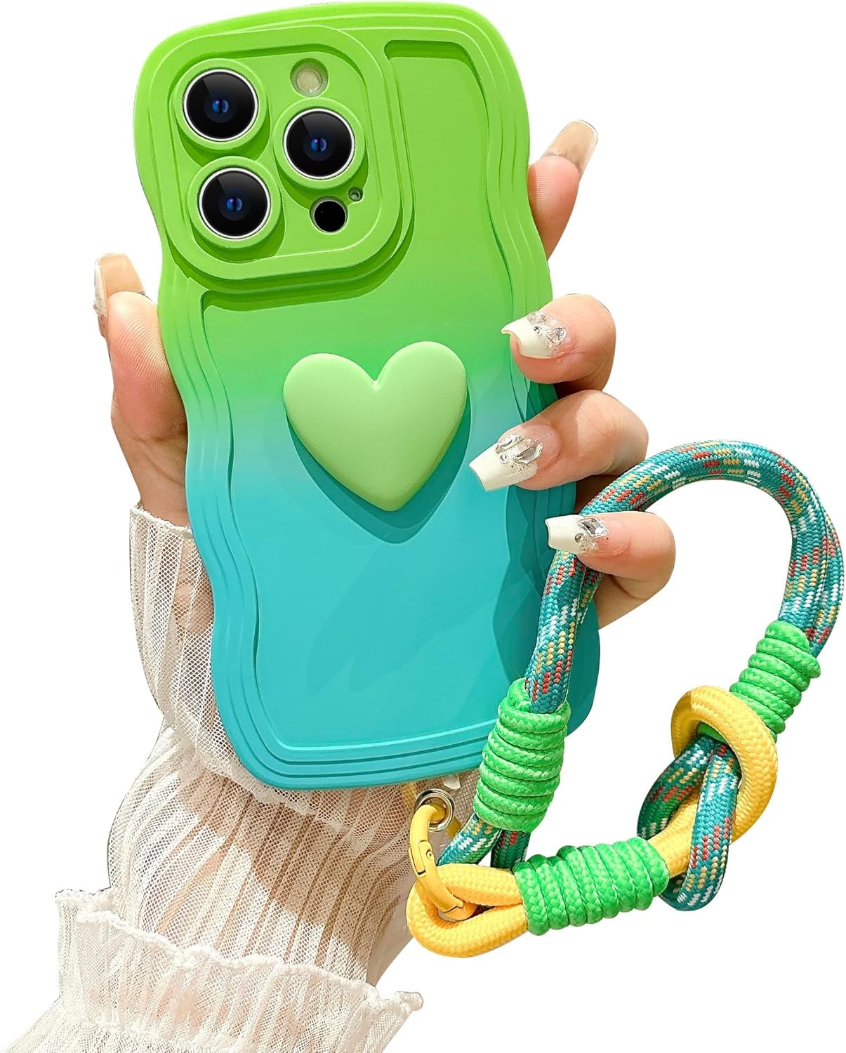 for iPhone 14 Pro Gradient Wavy Case with Wrist Strap Lanyard Cute Love Heart Curly Wave Frame ...