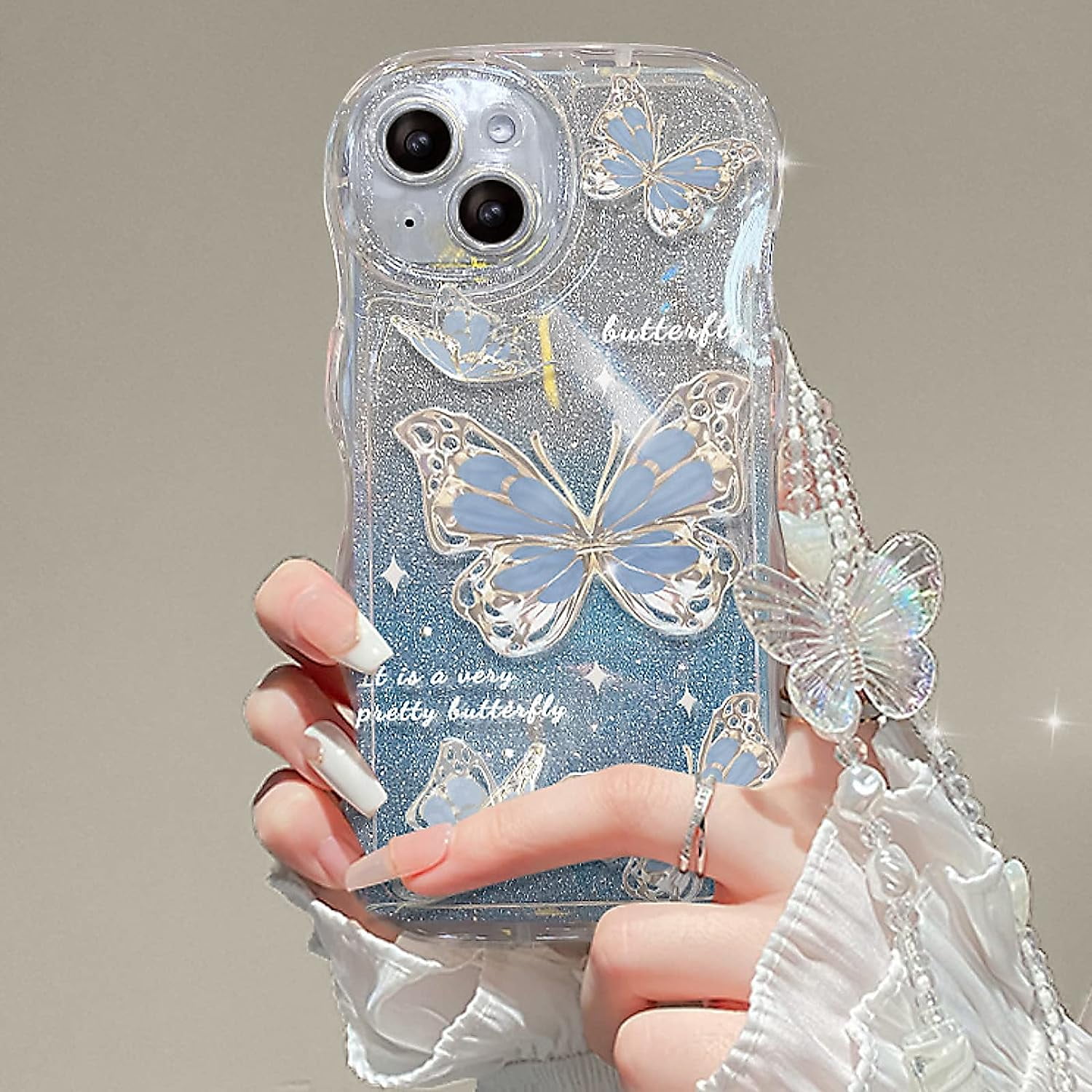 for iPhone 14 Pro Max Case Cute Glitter Butterfly with Lanyard Wrist Strap, Curly Wave Frame ...