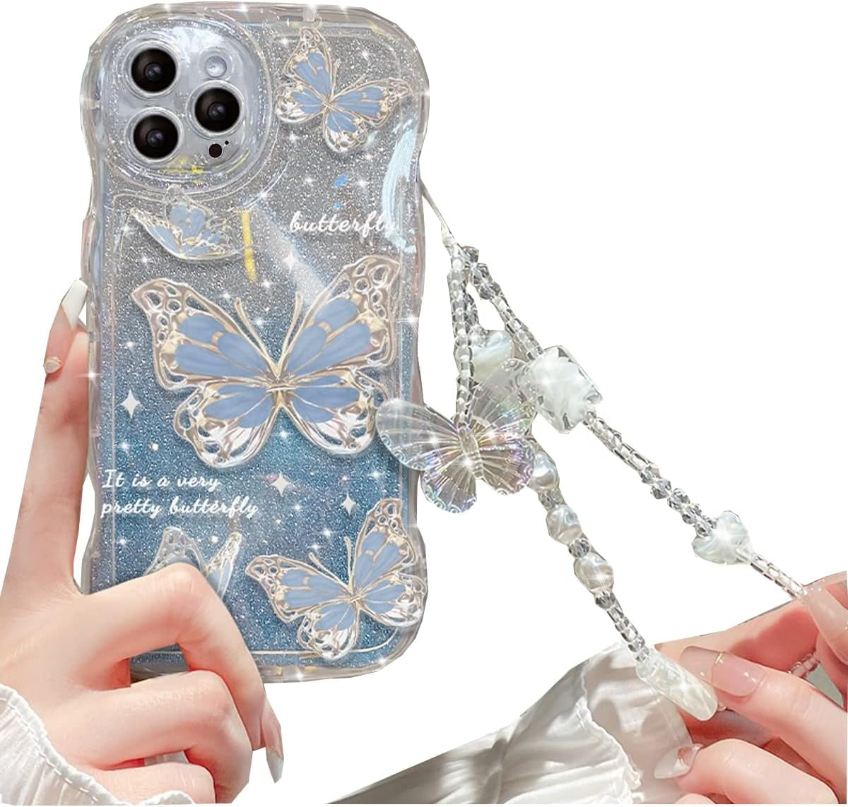 for iPhone 14 Pro Max Gradient Glitter Butterfly Case for Women, Cute Curly Wave Frame with ...