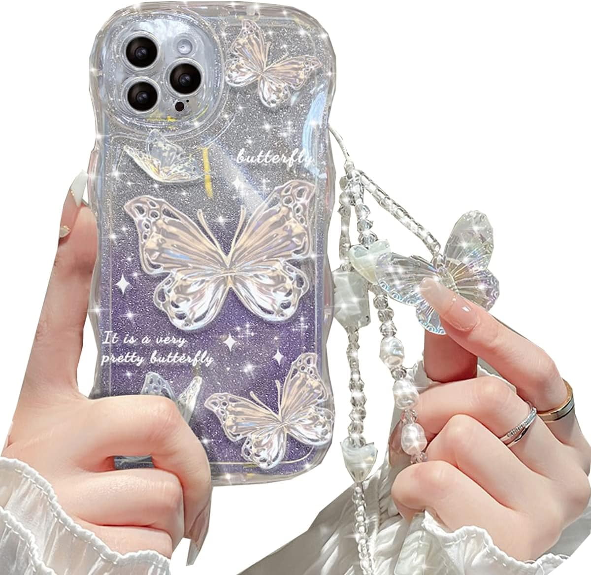 for iPhone 14 Pro Max Gradient Glitter Butterfly Case for Women, Cute Curly Wave Frame with ...