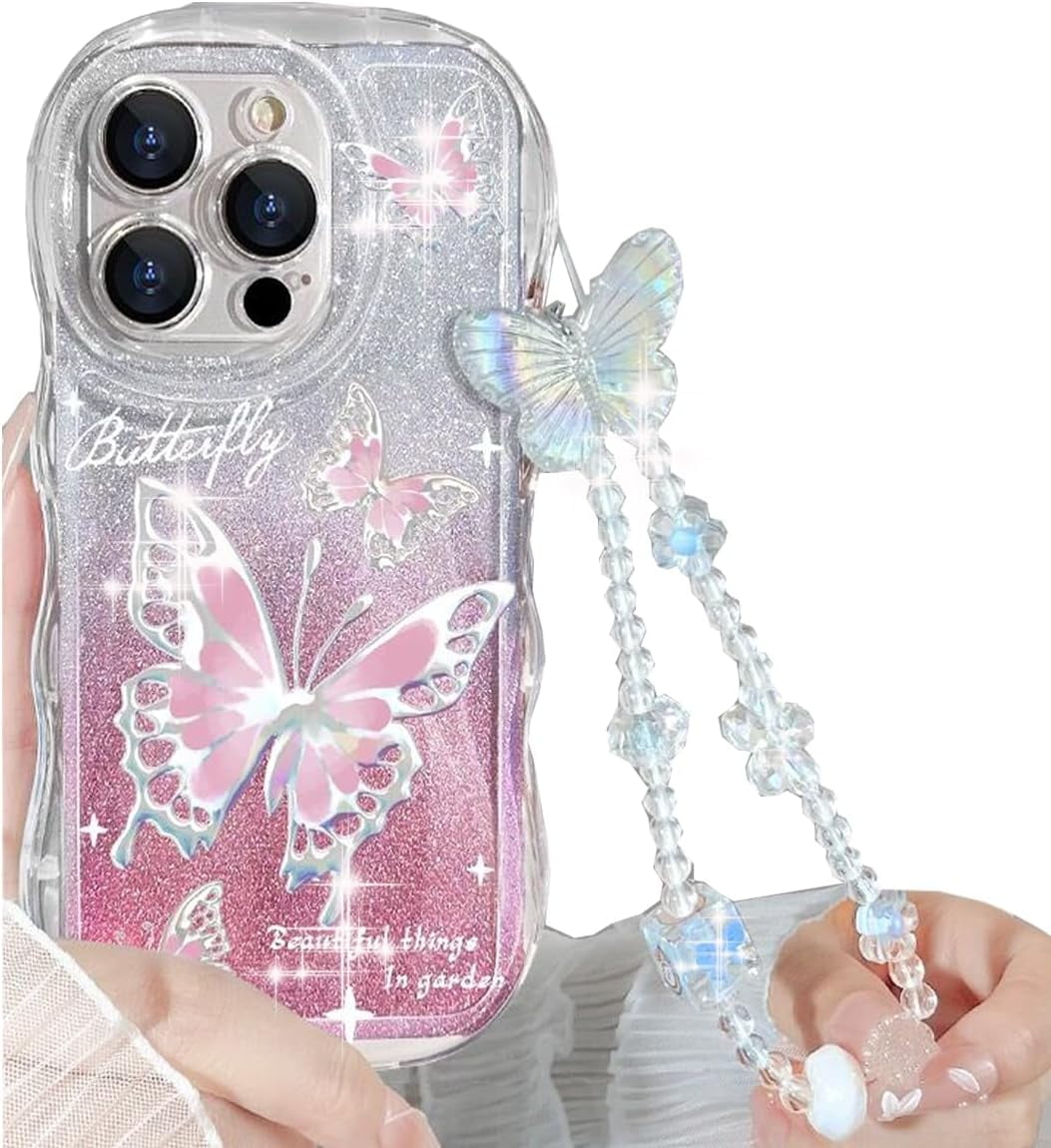 for iPhone 14 Pro Max Gradient Glitter Butterfly Case for Women, Cute Curly Wave Frame with ...