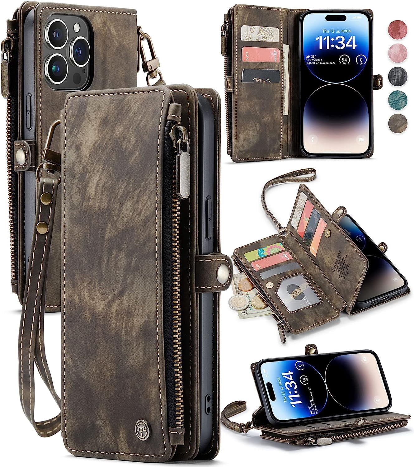 iPhone 14 Pro Max Wallet Case - Durable PU Leather, Magnetic Buckle ...