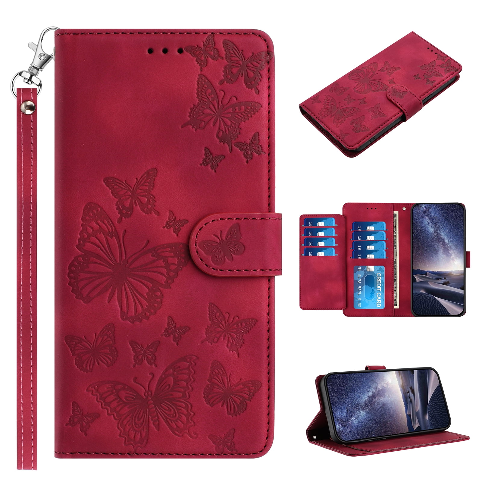 for iPhone 15 Butterflies Embossed Wallet Case with Wrist Strap - PU ...