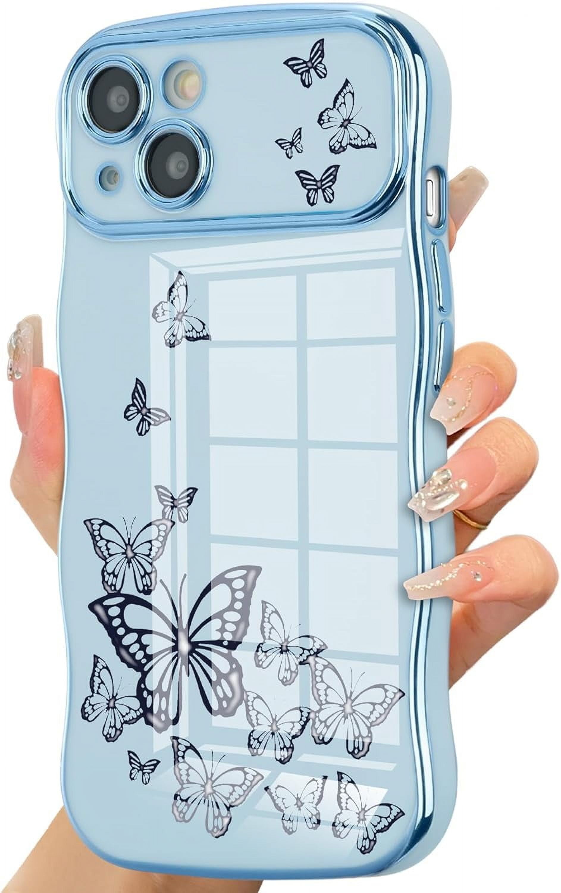 for iPhone 15 Case for Girl Women, Cute Curly Wave Frame with Luxury Plating Butterfly Pattern ...
