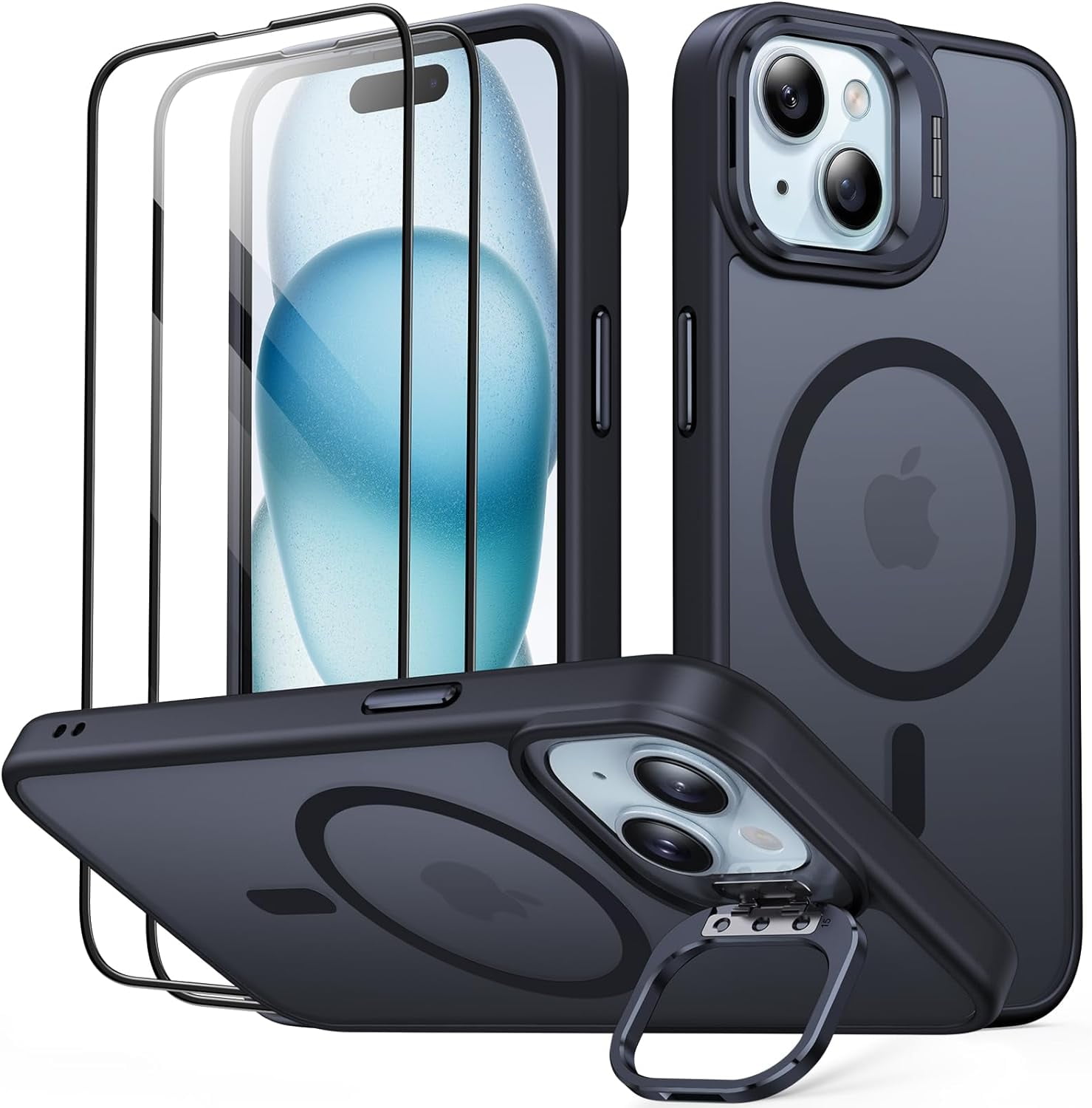 for iPhone 15 Case with Stand, 2X [Tempered Glass Screen Protector ...