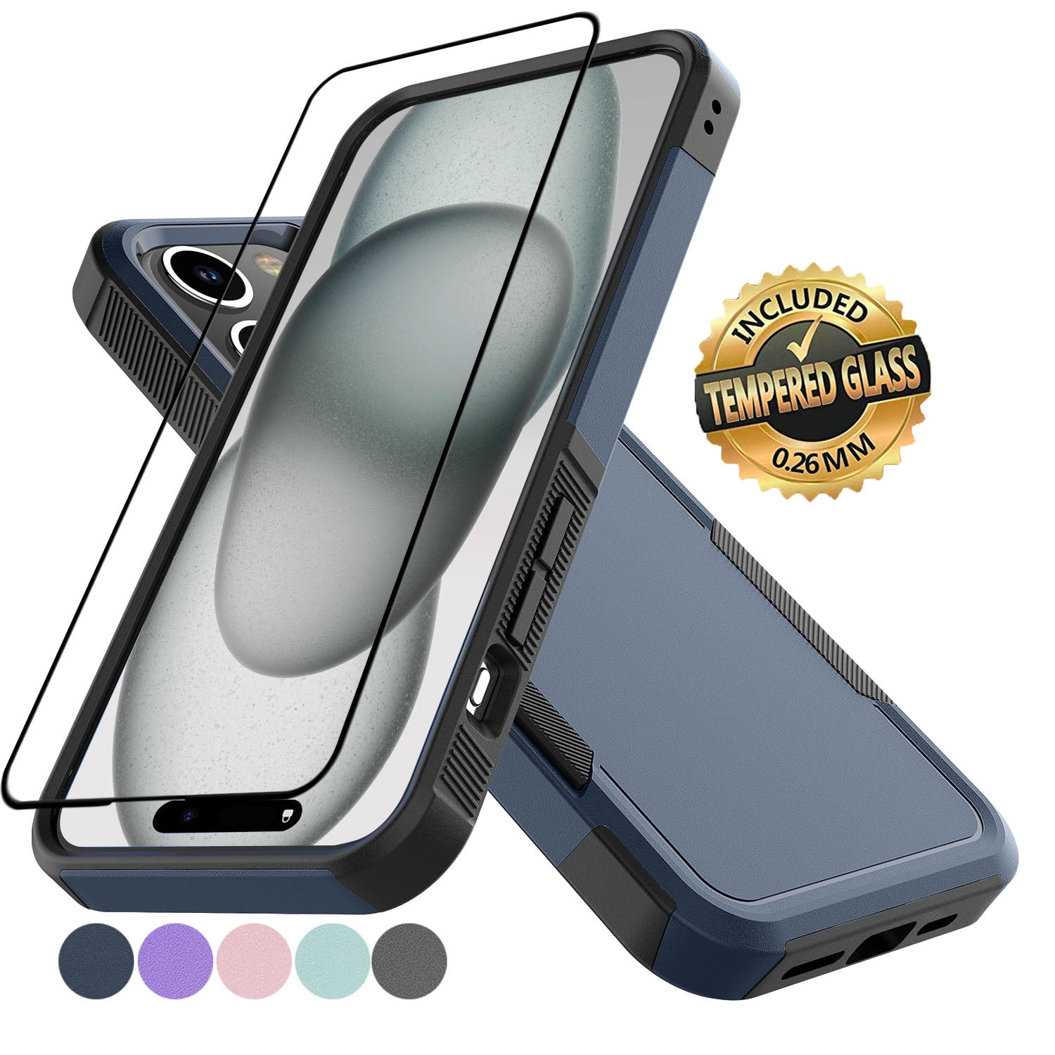iPhone 15 Case with Tempered Glass Screen Protector, Tekcoo Heavy Duty ...