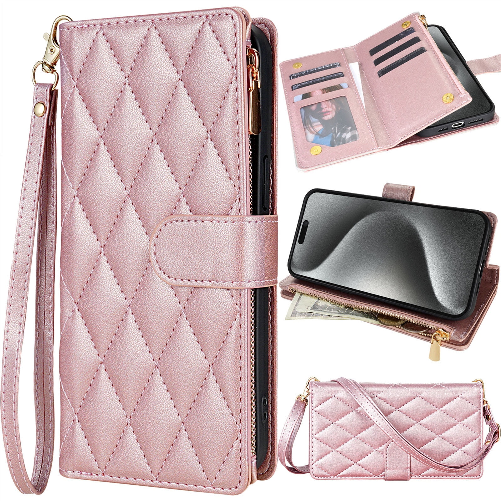 for iPhone 15 Crossbody Wallet Leather Phone Case, Handbag Purse Zipper ...