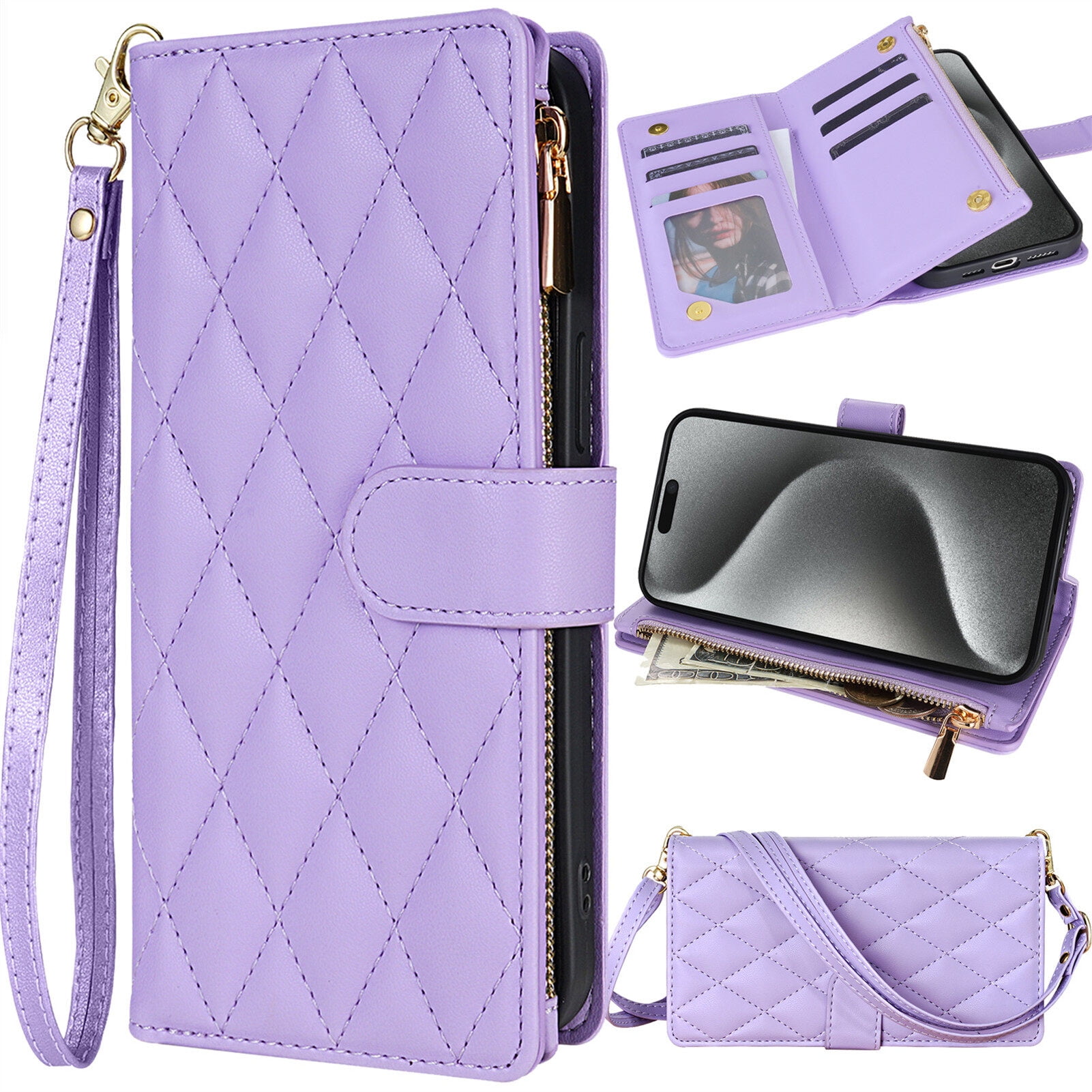 for iPhone 15 Crossbody Wallet Leather Phone Case, Handbag Purse Zipper ...