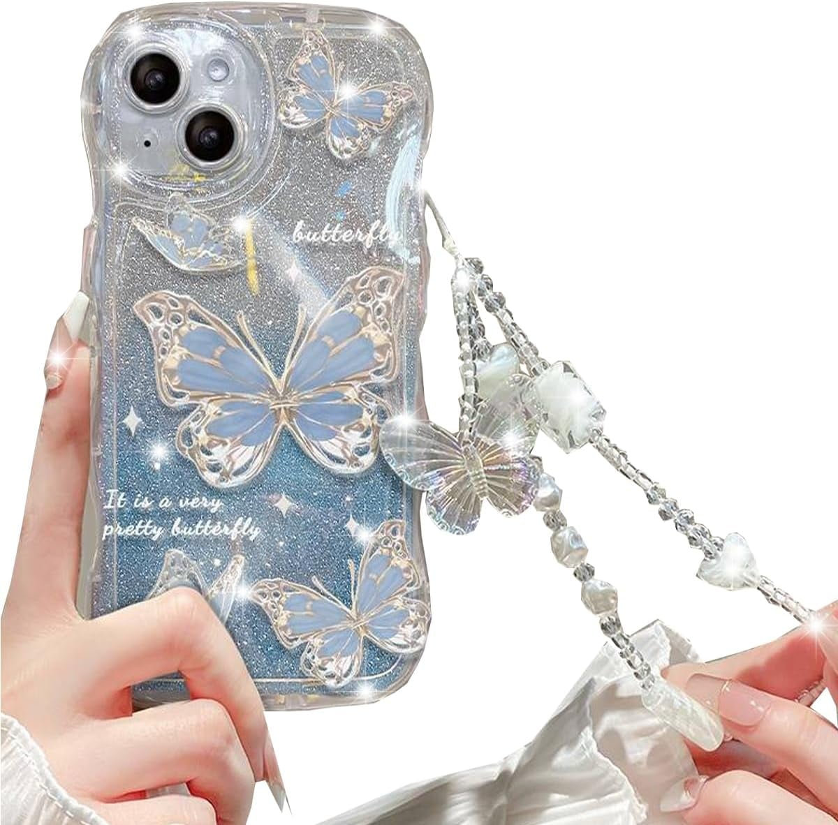 for iPhone 15 Glitter Butterfly Case for Women, Cute Curly Wave Frame Gradient Bling Sparkle ...