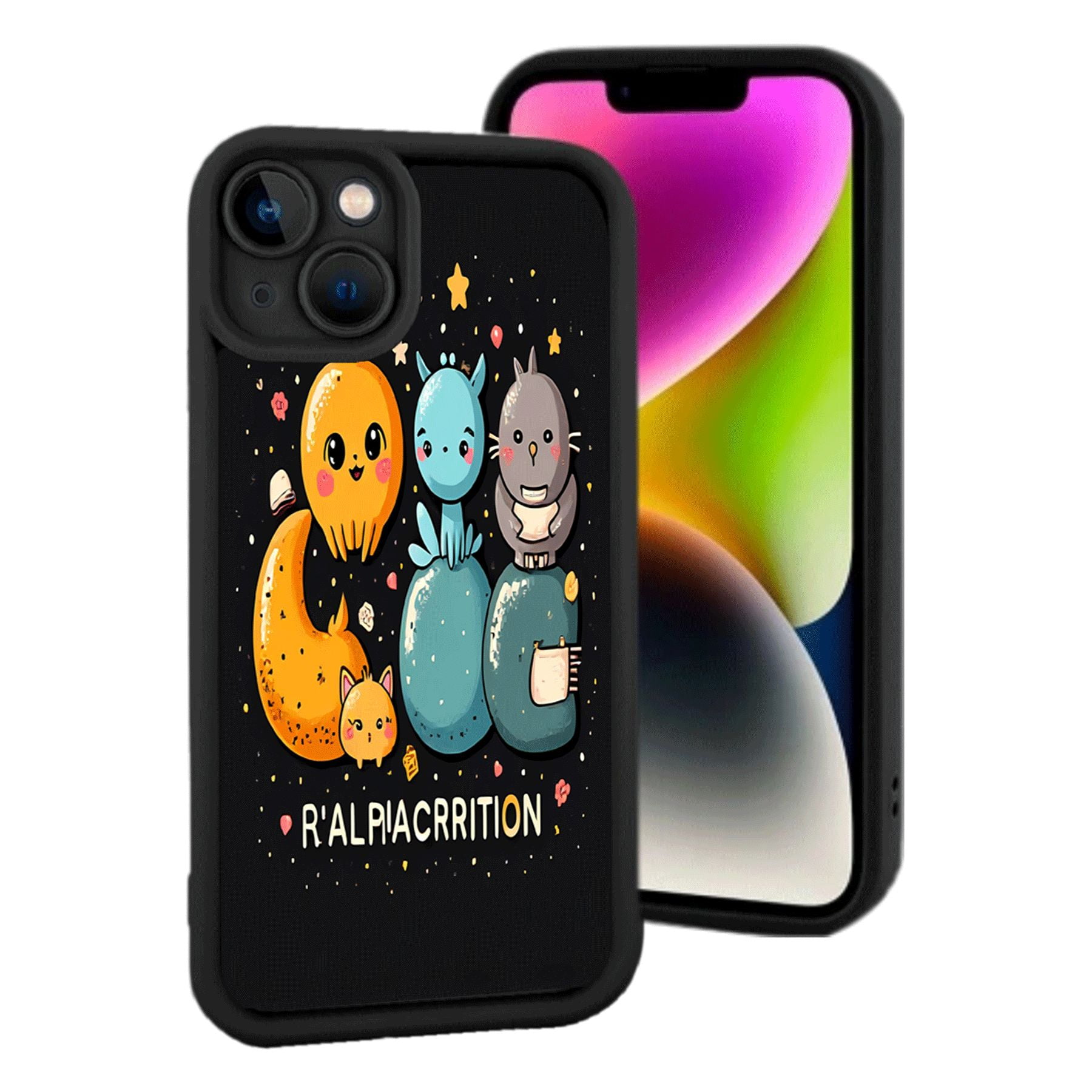 iPhone 15 Lightweight Case - Adorable Cartoon Characters on Black ...