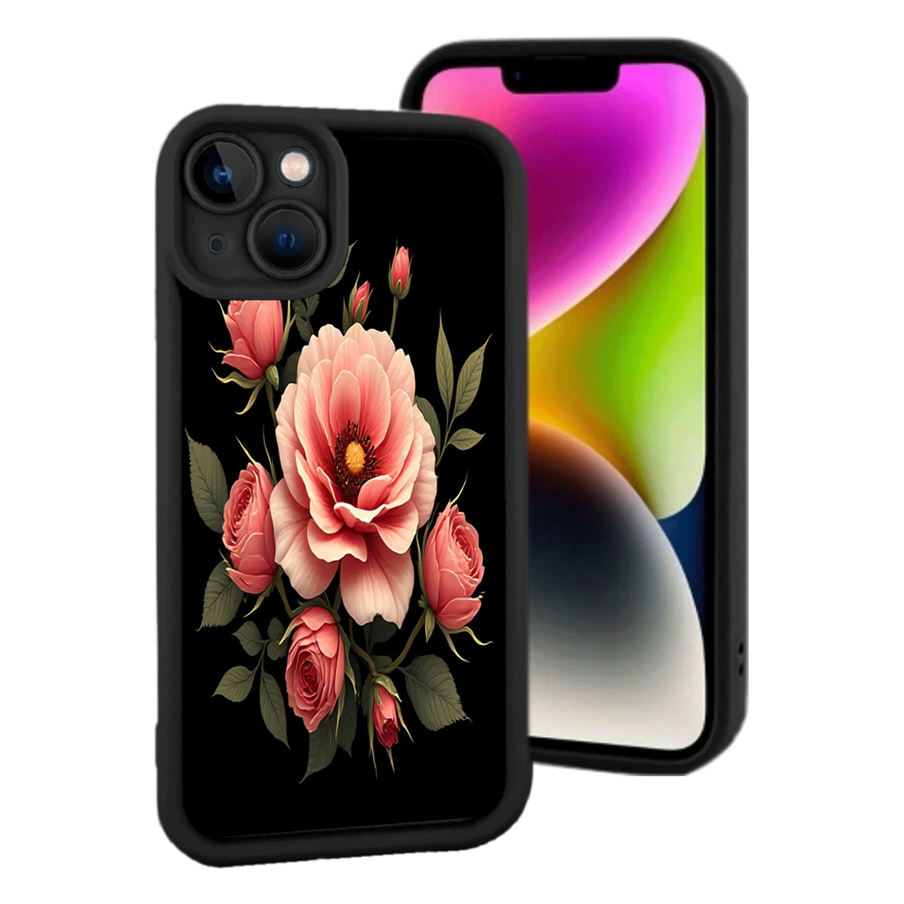 iPhone 15 Lightweight Case - Black Floral Design with Pink & Red Roses ...