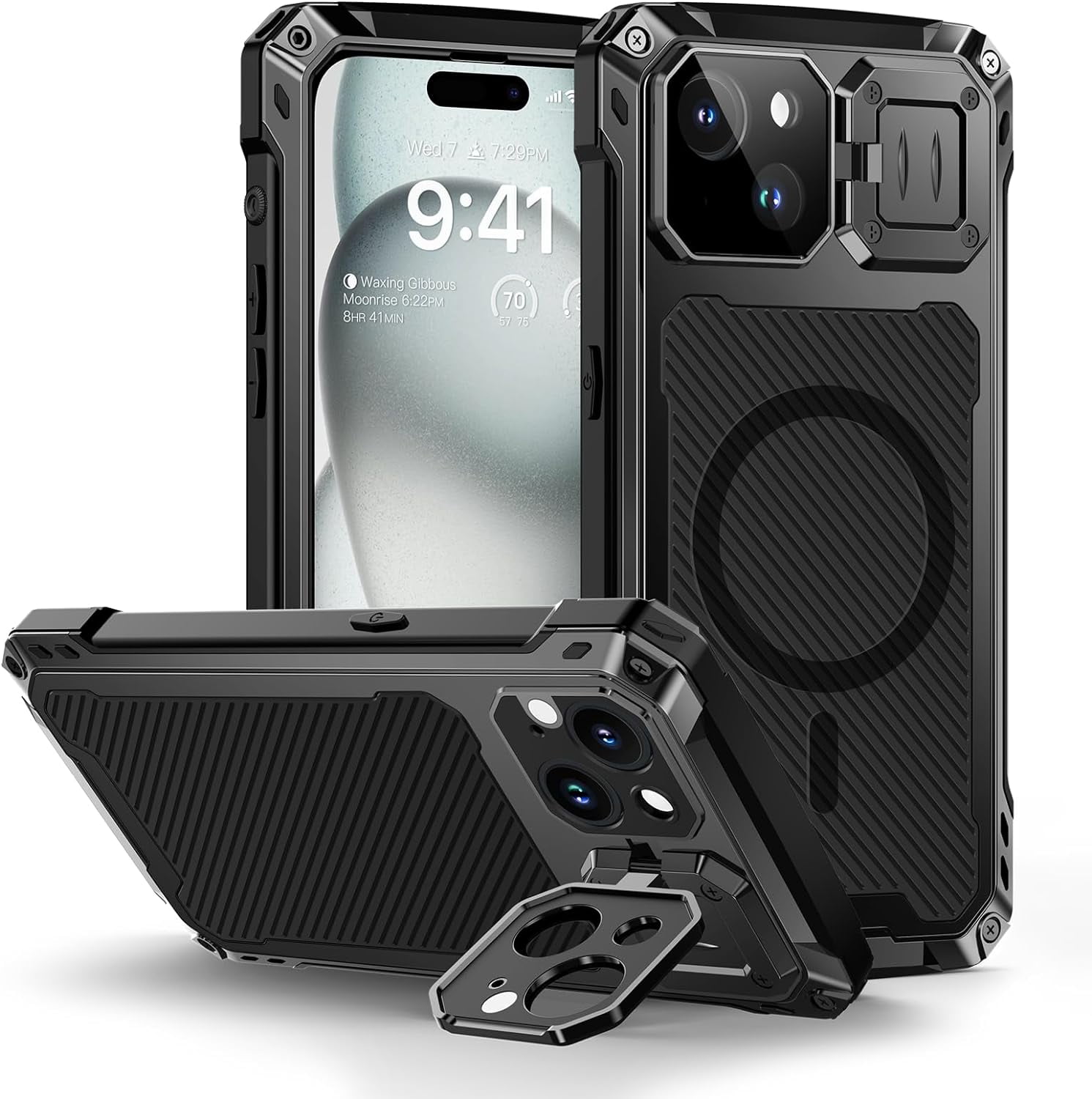 for iPhone 15 Metal Case, [Built-in Camera Kickstand & Glass Screen ...