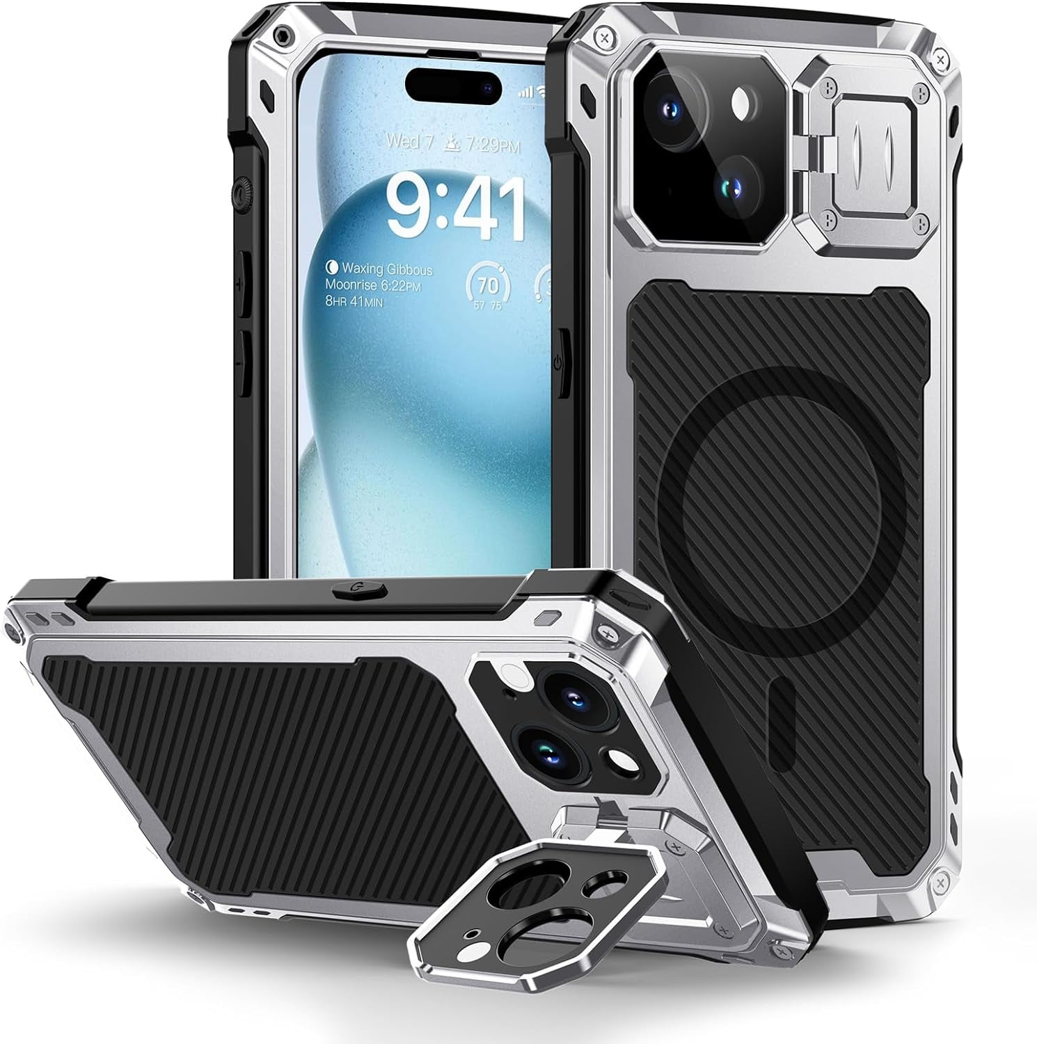 iPhone 15 Metal Case, [Built-in Camera Kickstand & Glass Screen ...