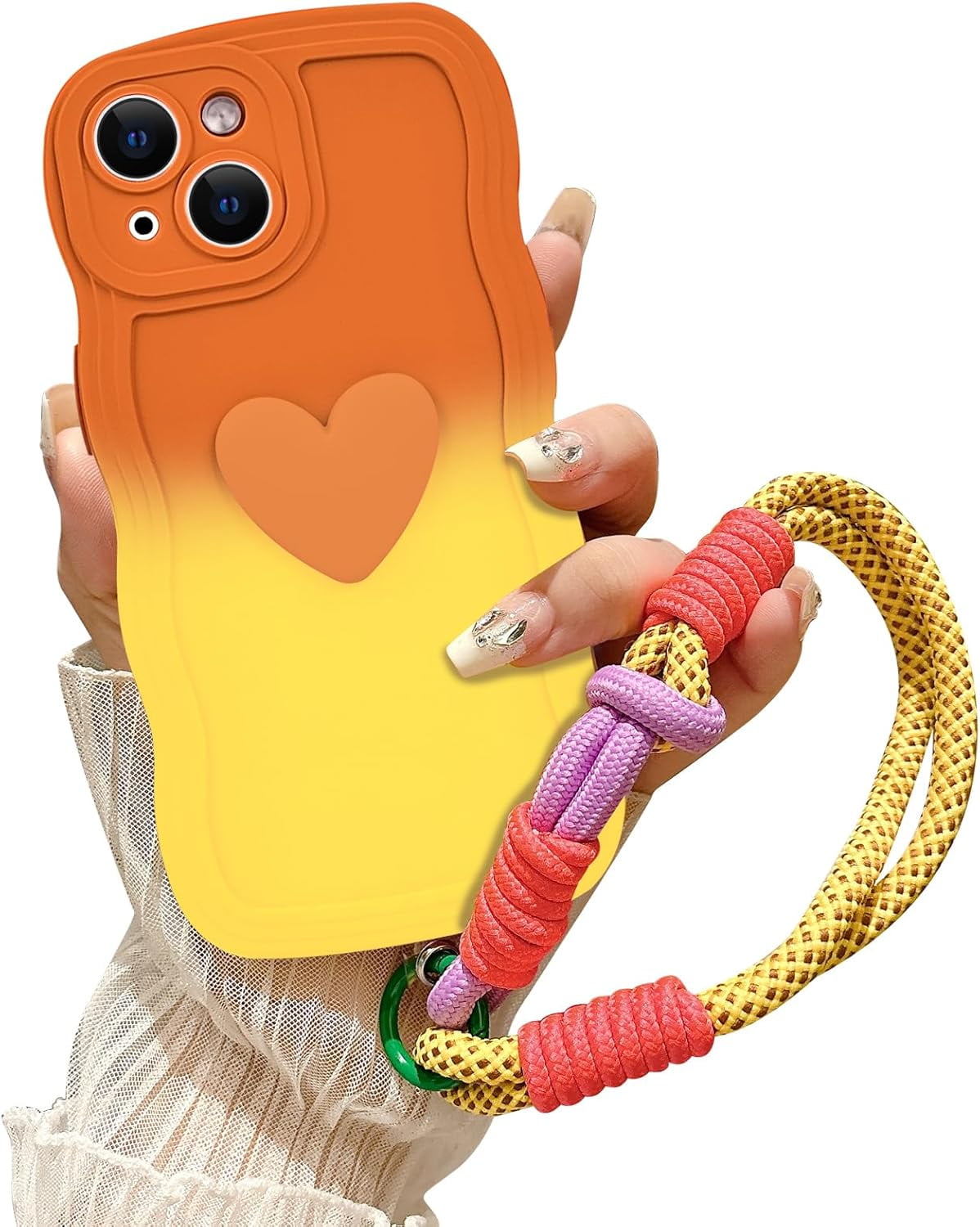 for iPhone 15 Plus Gradient Wavy Case with Wrist Strap Lanyard Cute Love Heart Curly Wave Frame ...