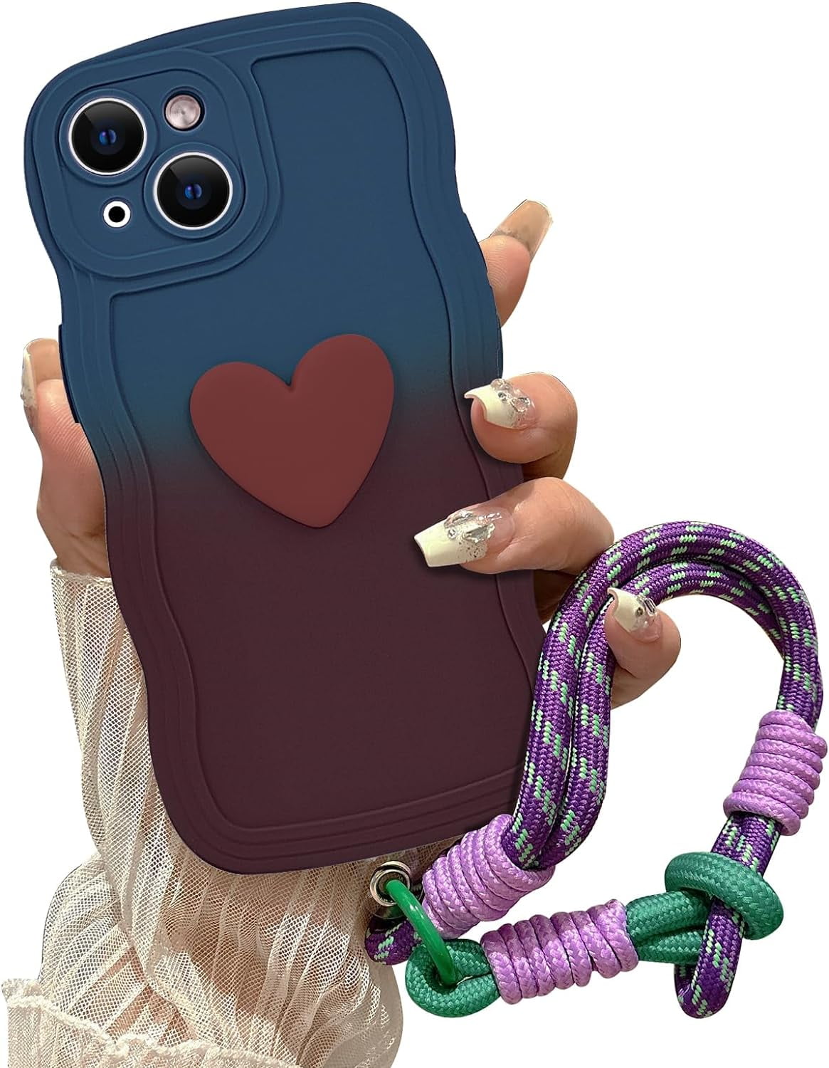 for iPhone 15 Plus Gradient Wavy Case with Wrist Strap Lanyard Cute Love Heart Curly Wave Frame ...