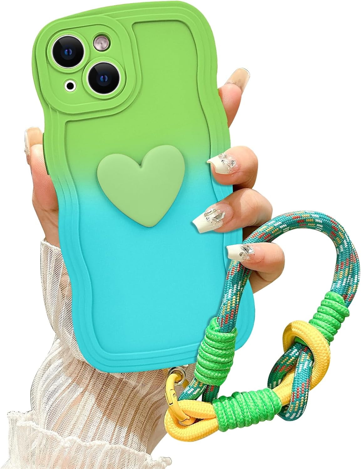 for iPhone 15 Plus Gradient Wavy Case with Wrist Strap Lanyard Cute Love Heart Curly Wave Frame ...