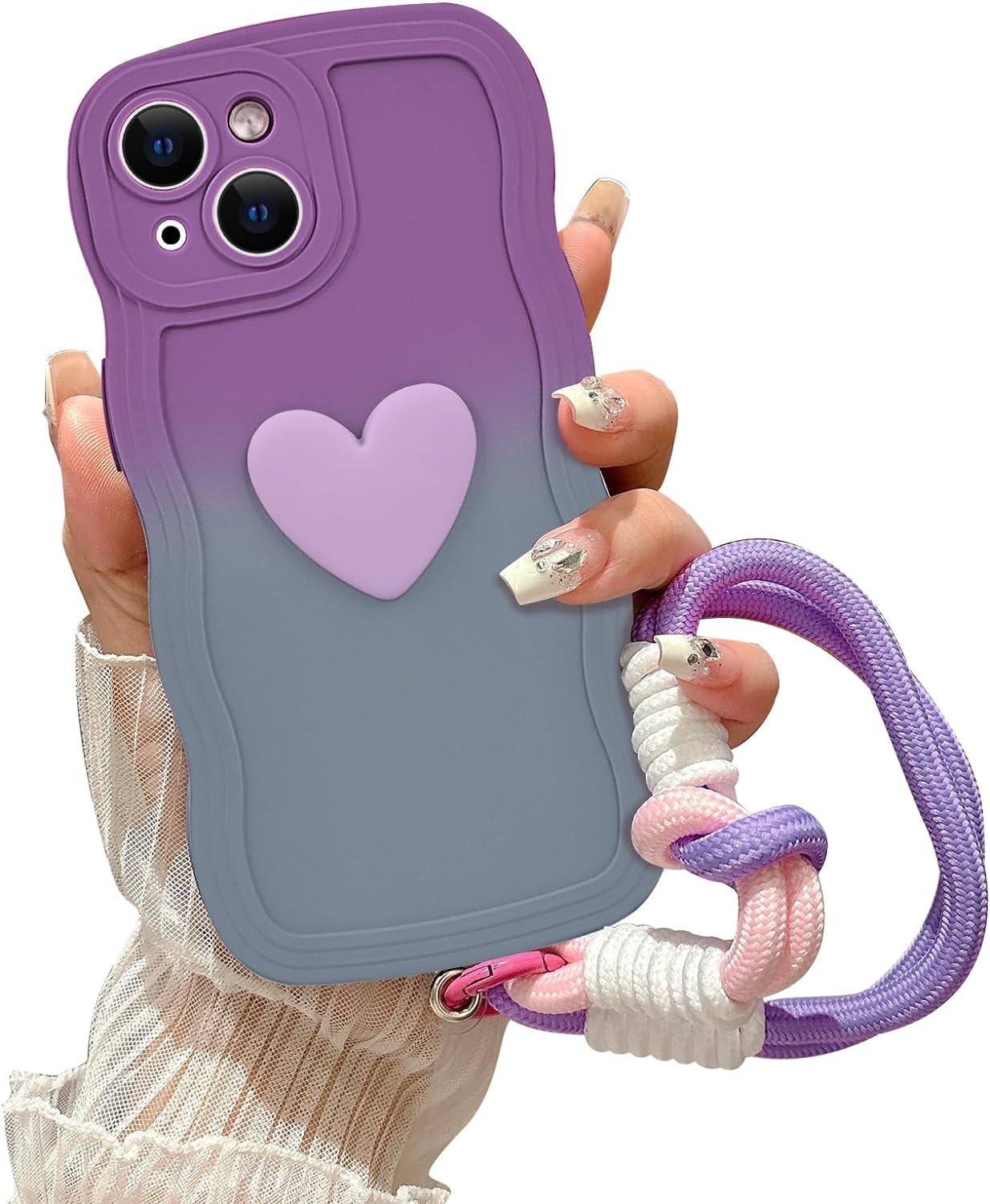 for iPhone 15 Plus Gradient Wavy Case with Wrist Strap Lanyard Cute Love Heart Curly Wave Frame ...