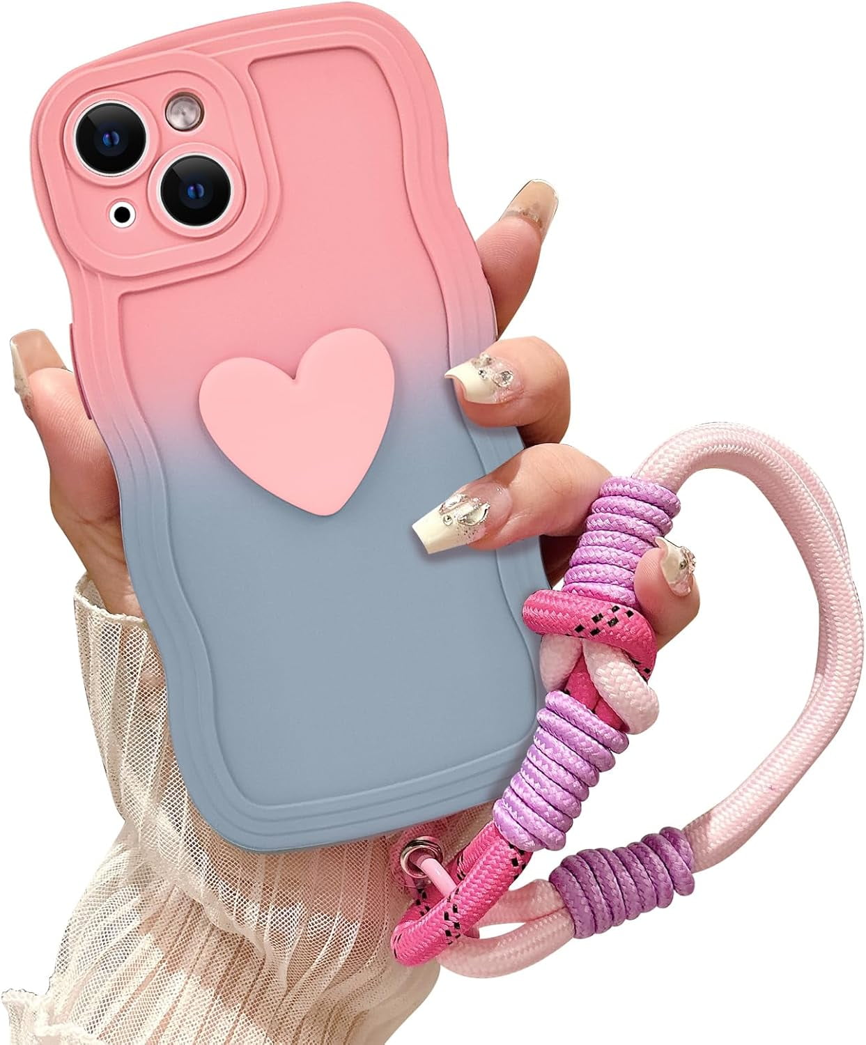 for iPhone 15 Plus Gradient Wavy Case with Wrist Strap Lanyard Cute Love Heart Curly Wave Frame ...