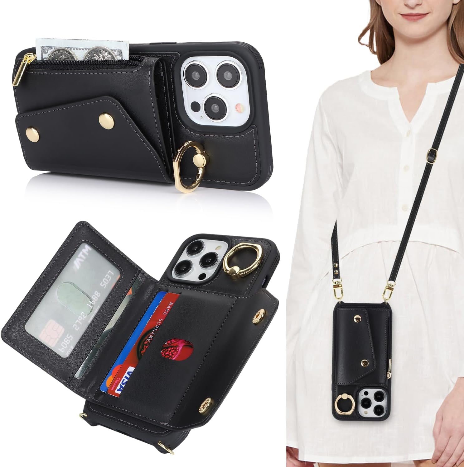 for iPhone 15 Pro Case with Card Holder and Strap - Zipper Pocket ...