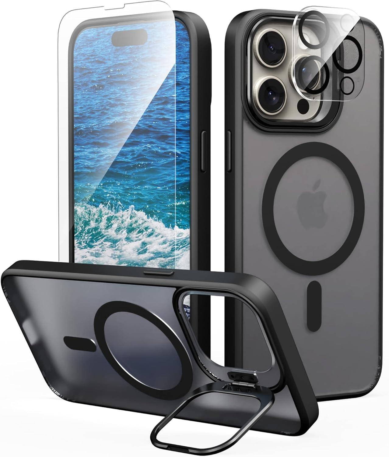 for iPhone 15 Pro Case with Stash Stand & Screen Protector & Camera ...