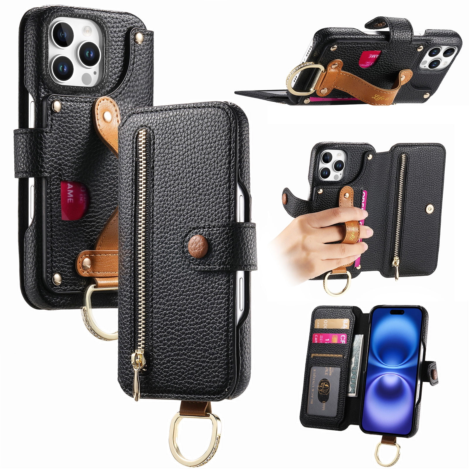 for iPhone 15 Pro Folio Flip Wallet Case, PU Leather Zipper Pocket Card ...