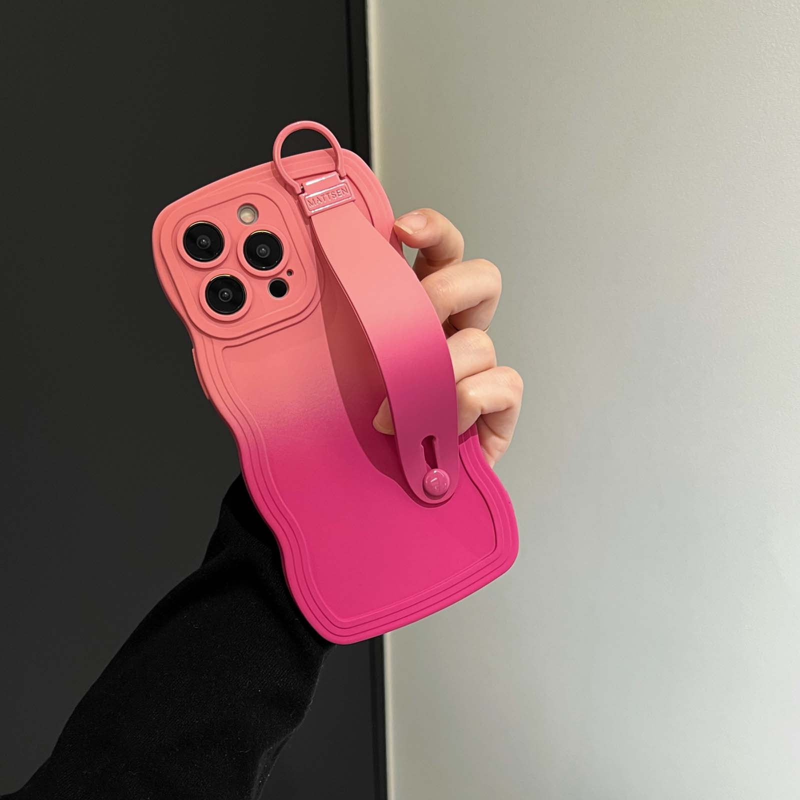 for iPhone 15 Pro Max Case with Adjustable Wrist Strap Stand, Cute Wavy Curly Gradient Color ...