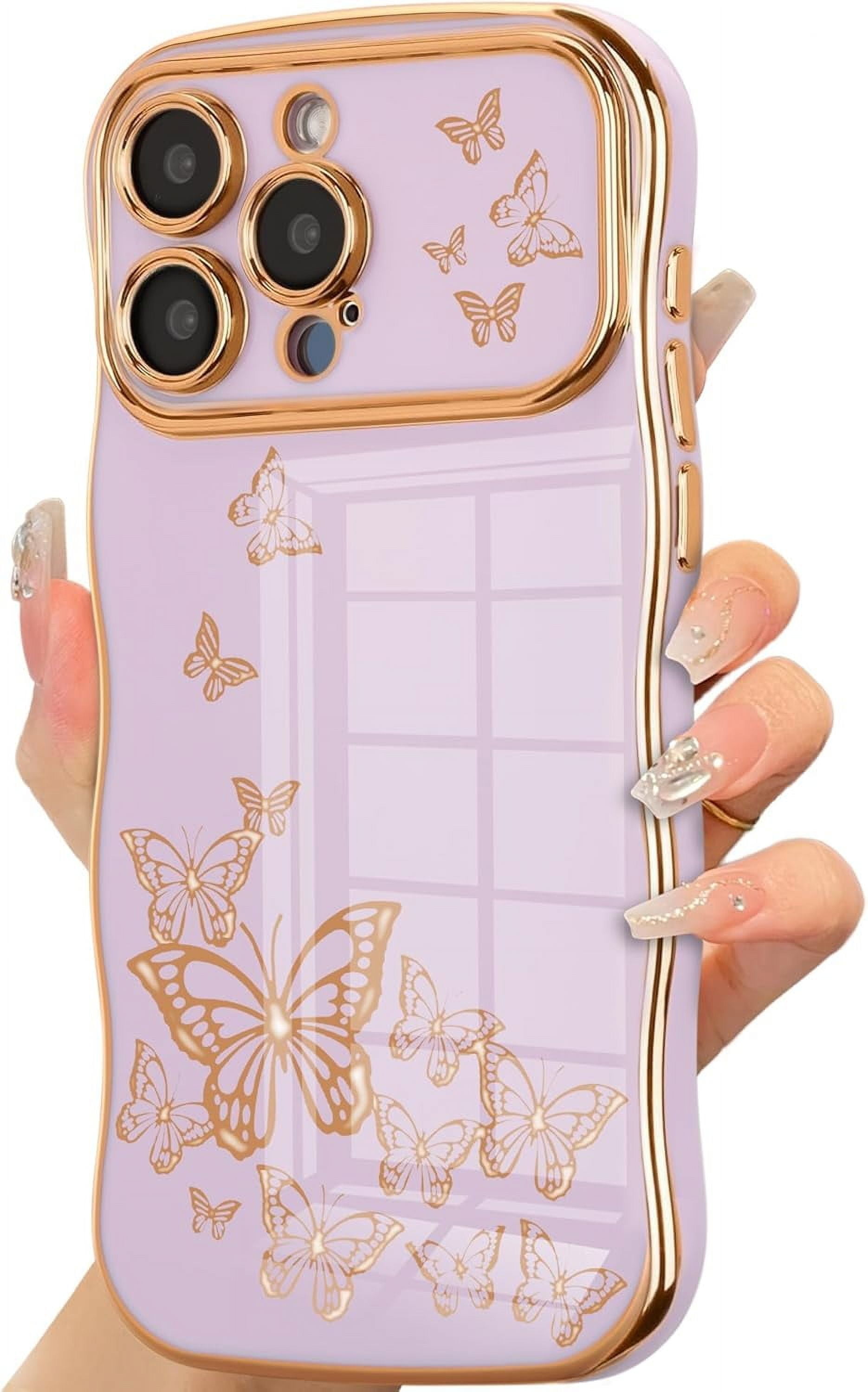 for iPhone 15 Pro Max Case for Girl Women,Cute Curly Wave Frame with Luxury Plating Butterfly ...