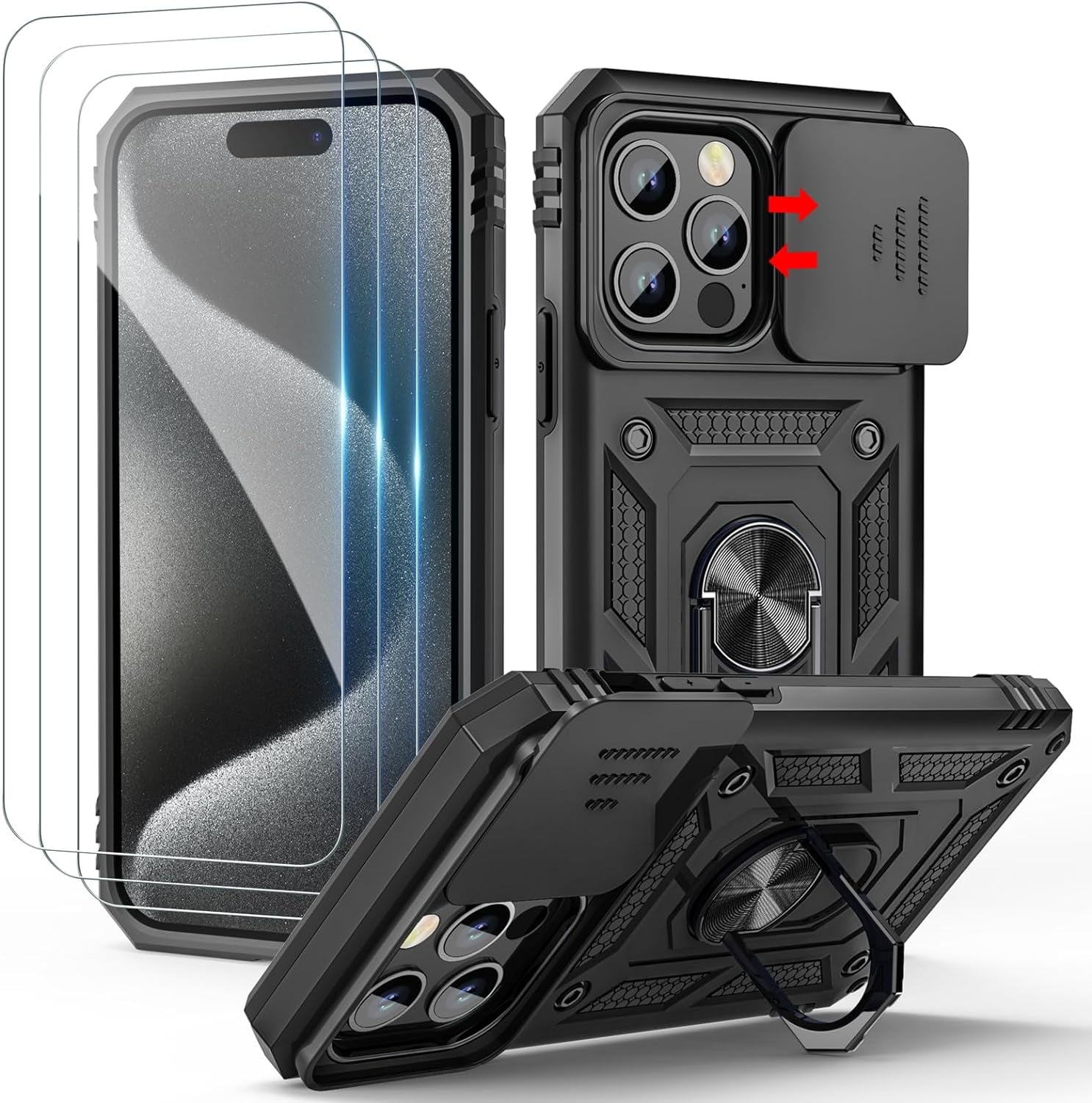 for iPhone 15 Pro Max Case with Screen Protector[3 Pack] + Slide Camera Cover +360°Rotated Ring ...