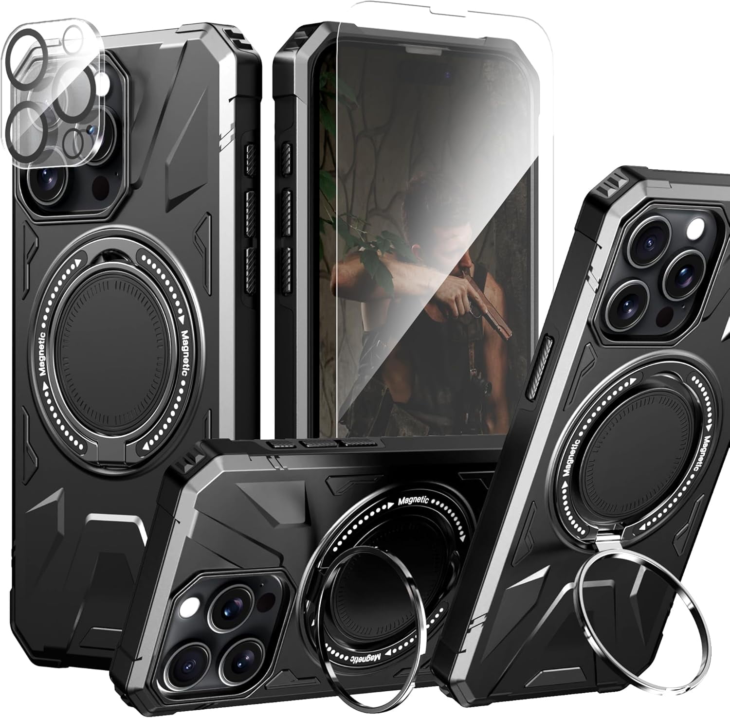 for iPhone 15 Pro Max Case with Screen Protector+360°Ring Holder Stand+Camera Lens Protector ...