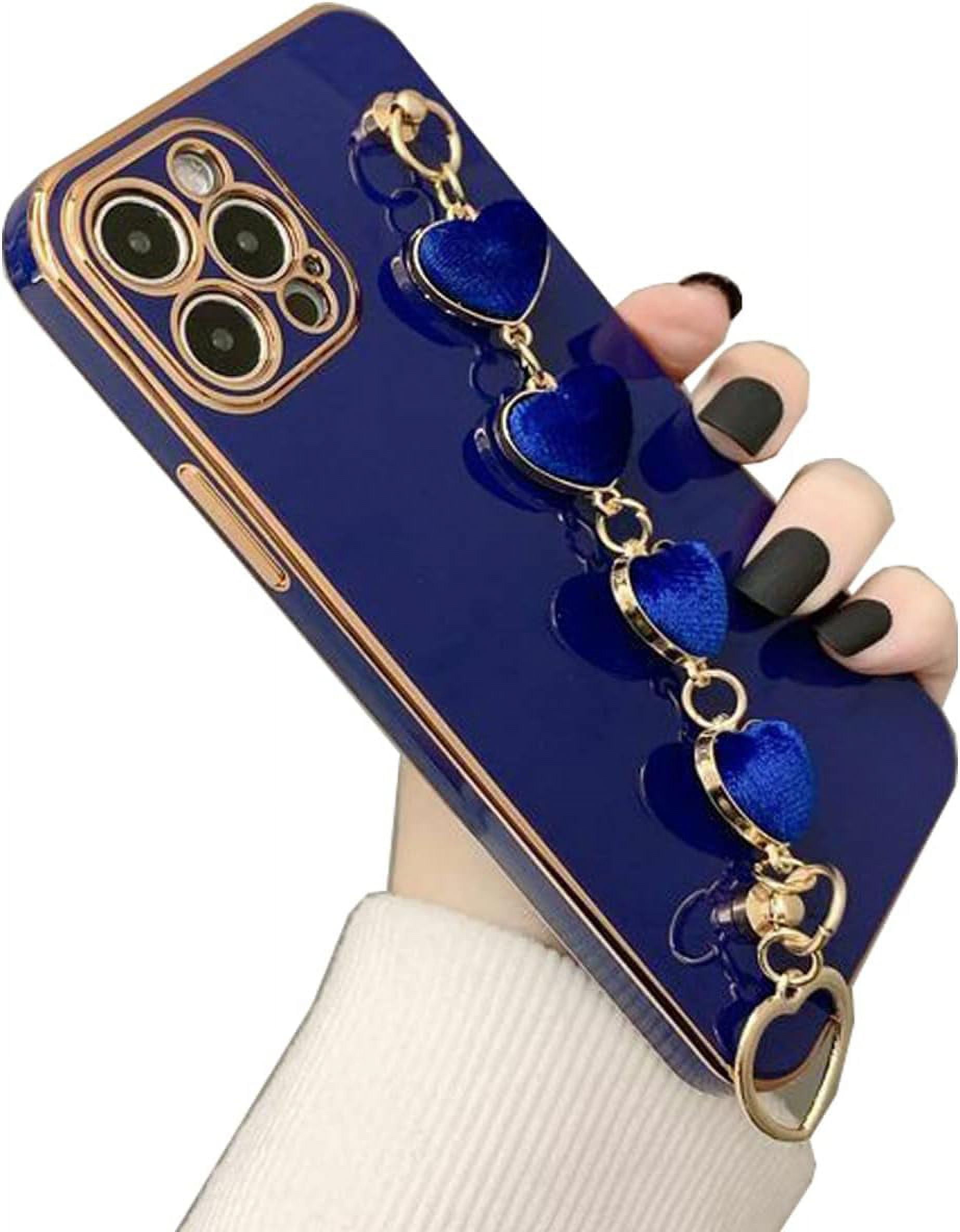 for iPhone 15 Pro Max Case with Wrist Strap, Cute Love Heart Chain Bracelet Luxury Plating ...