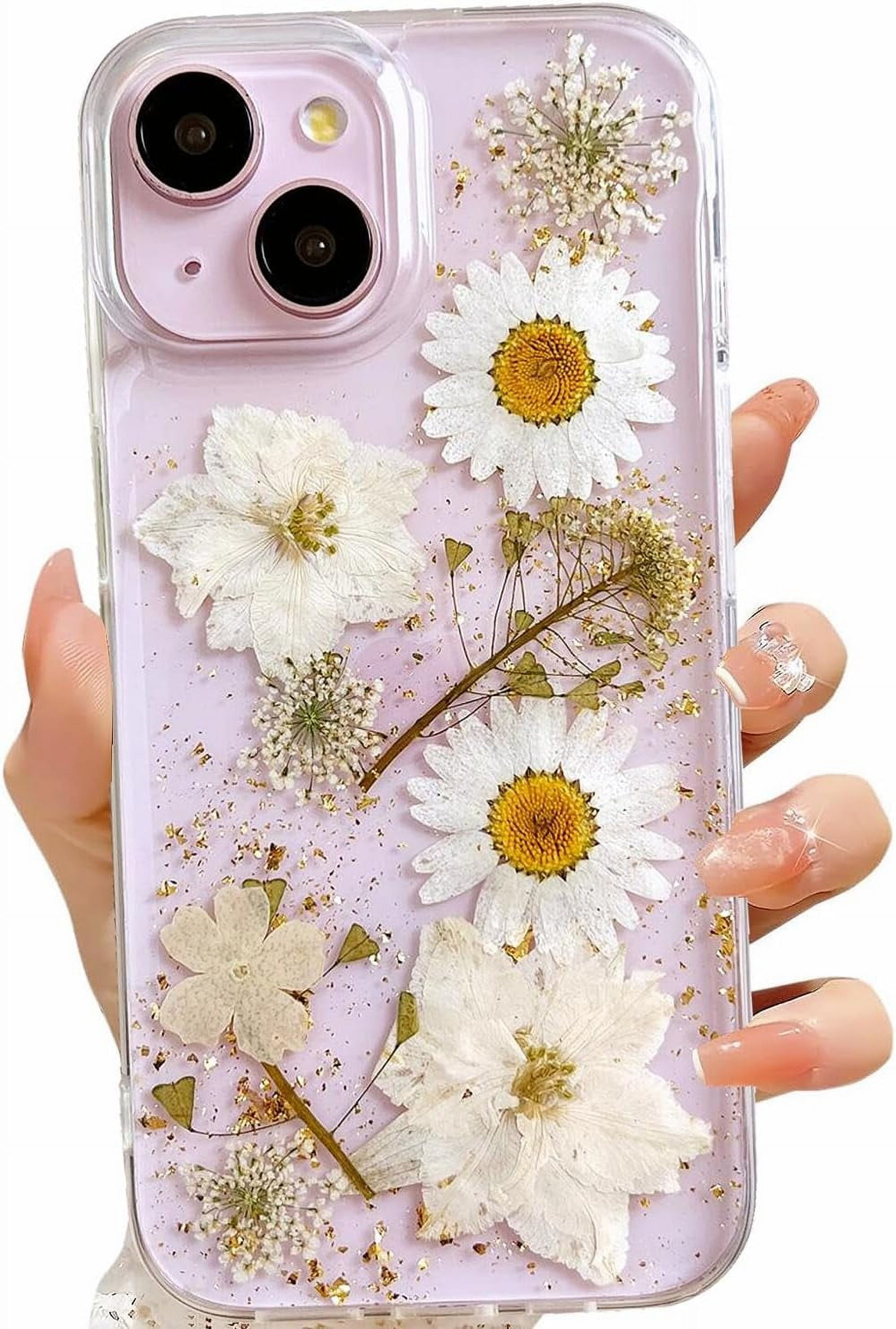 for iPhone 15 Pro Max Clear Case with Pressed Real Flowers Design ...