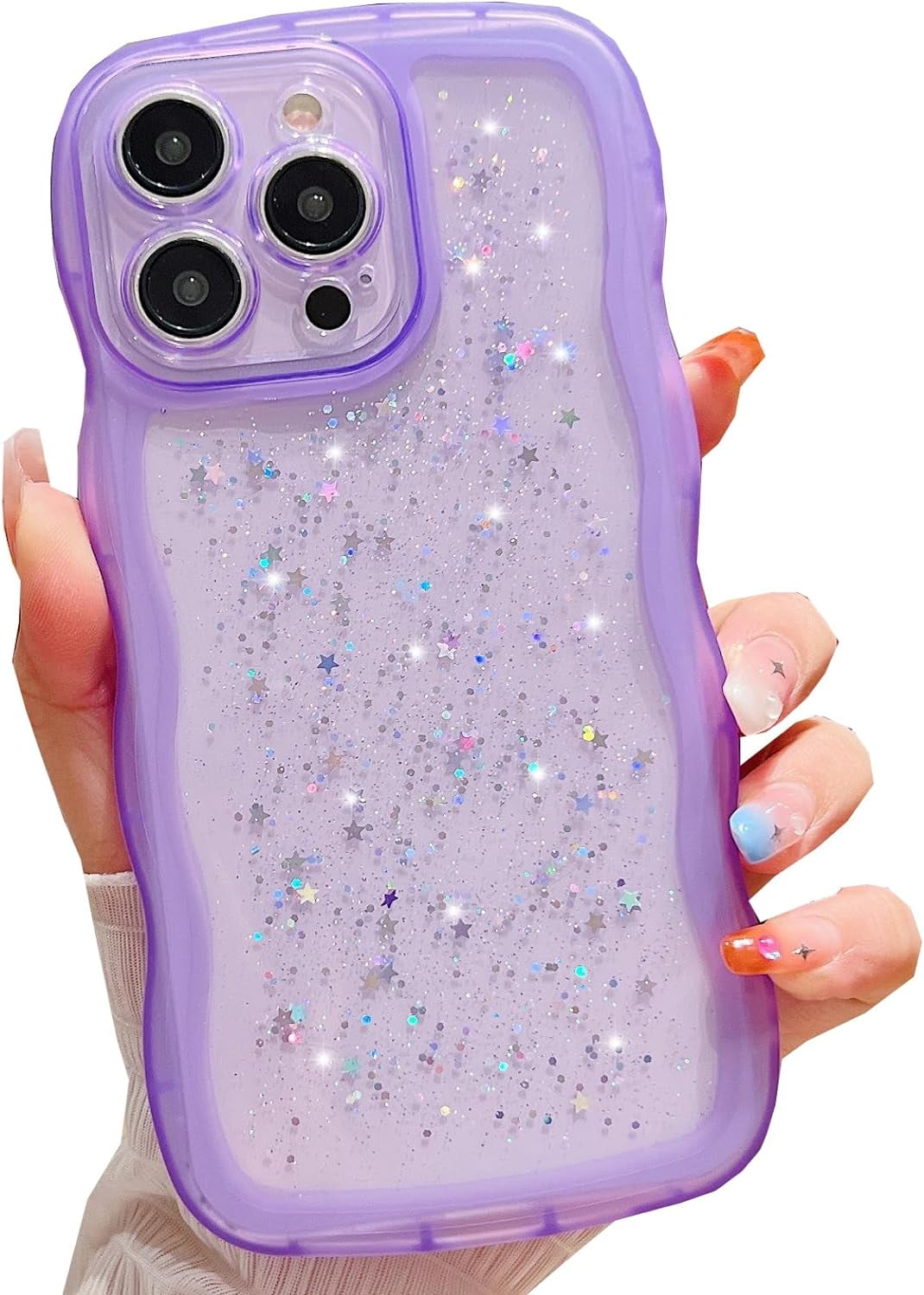 for iPhone 15 Pro Max Glitter Wavy Case, Cute Curly Wave Frame Design Bling Sparkle Shiny Star ...
