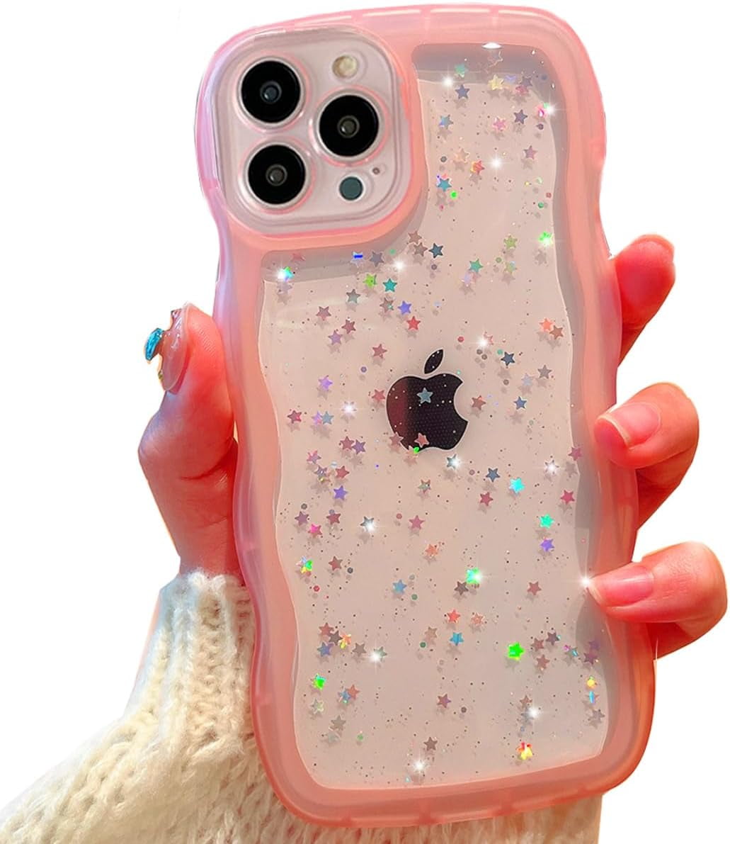 for iPhone 15 Pro Max Glitter Wavy Case, Cute Curly Wave Frame Design Bling Sparkle Shiny Star ...