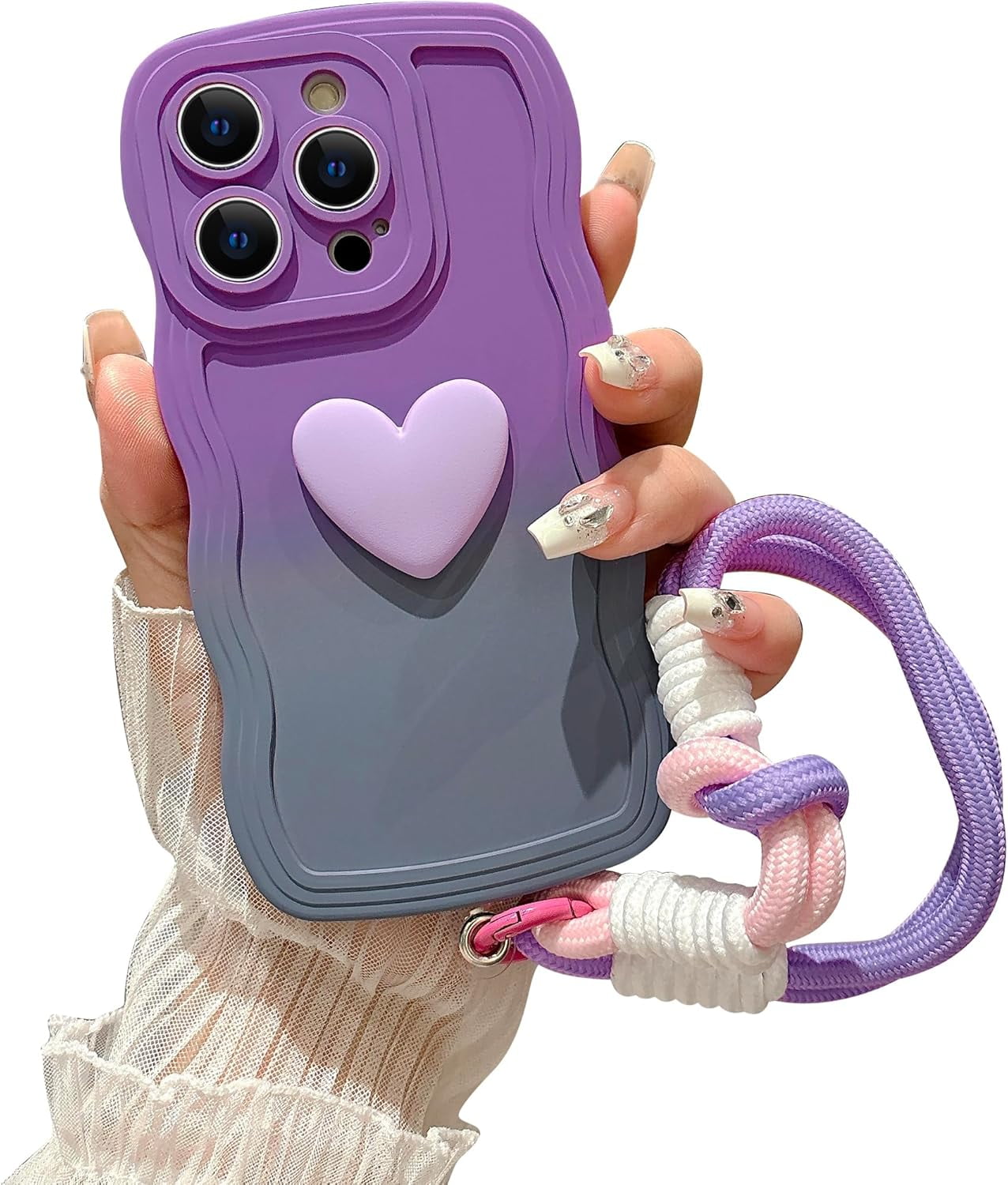 for iPhone 15 Pro Max Gradient Wavy Case with Wrist Strap Lanyard Cute Love Heart Curly Wave ...