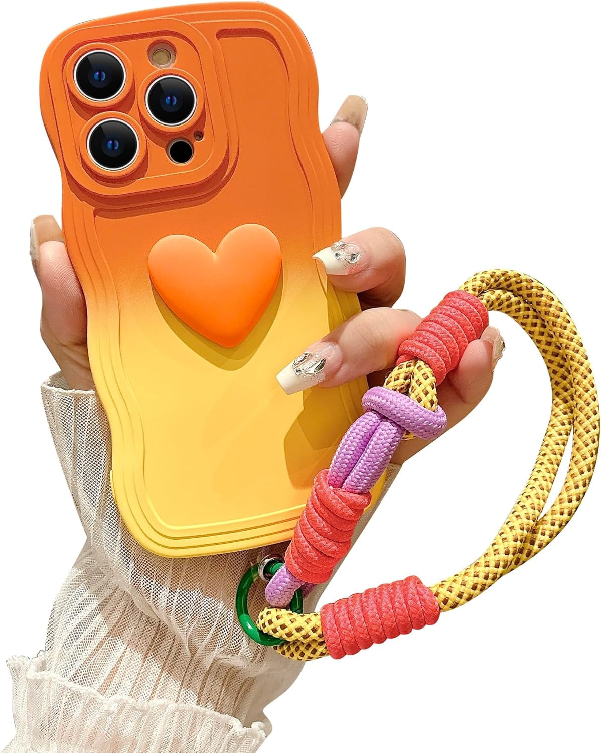 for iPhone 15 Pro Max Gradient Wavy Case with Wrist Strap Lanyard Cute Love Heart Curly Wave ...
