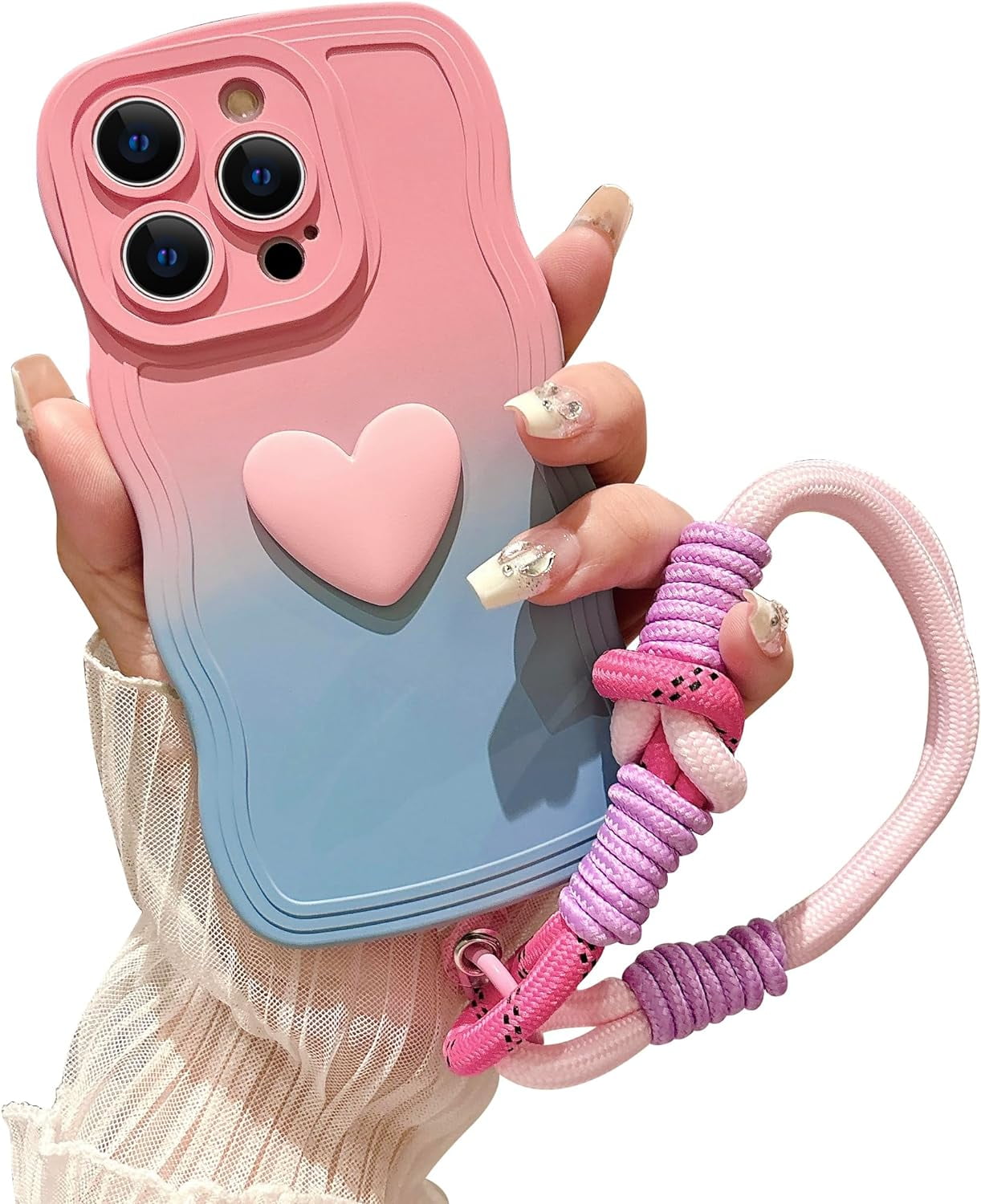 for iPhone 15 Pro Max Gradient Wavy Case with Wrist Strap Lanyard Cute Love Heart Curly Wave ...