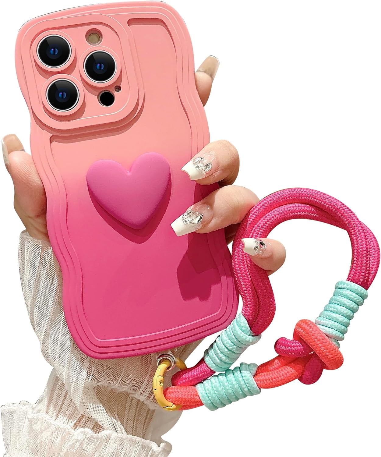 for iPhone 15 Pro Max Gradient Wavy Case with Wrist Strap Lanyard Cute Love Heart Curly Wave ...