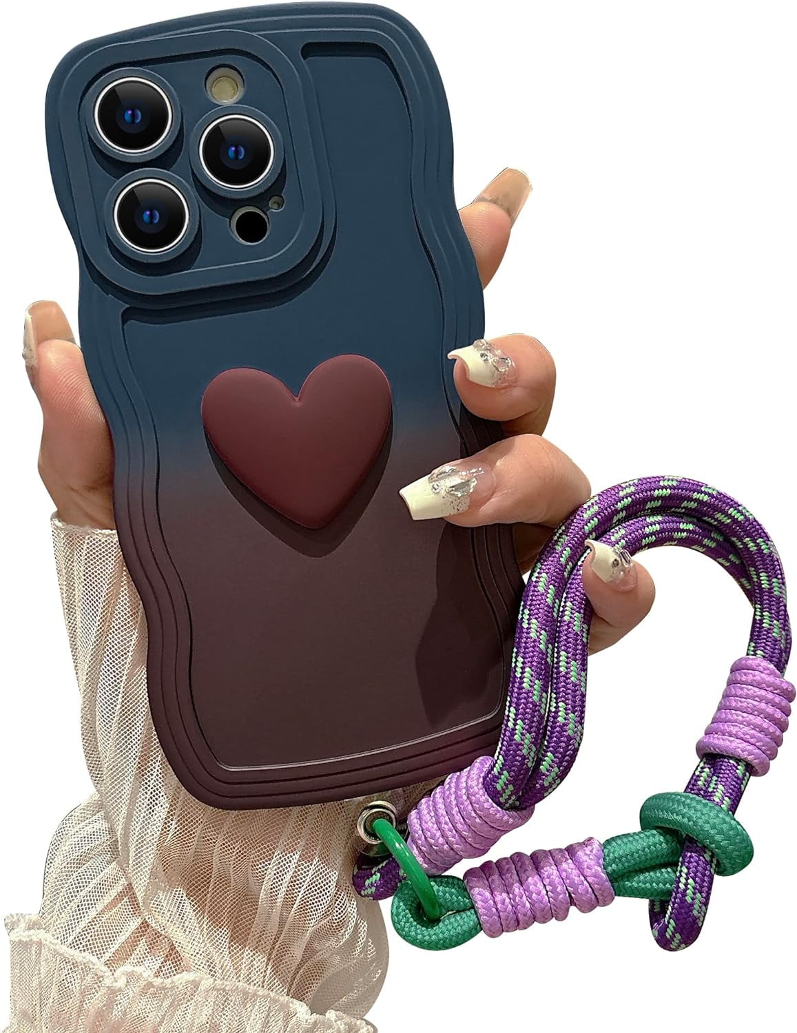 for iPhone 15 Pro Max Gradient Wavy Case with Wrist Strap Lanyard Cute Love Heart Curly Wave ...