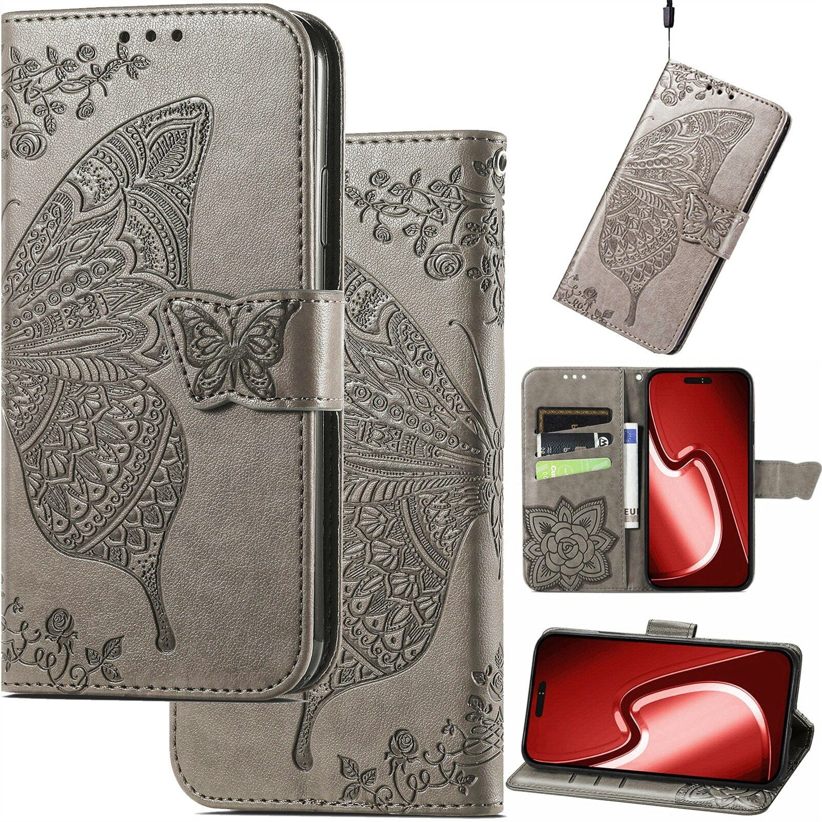 for iPhone 15 Pro Max Leather Wallet Phone Case, Butterfly Flower ...