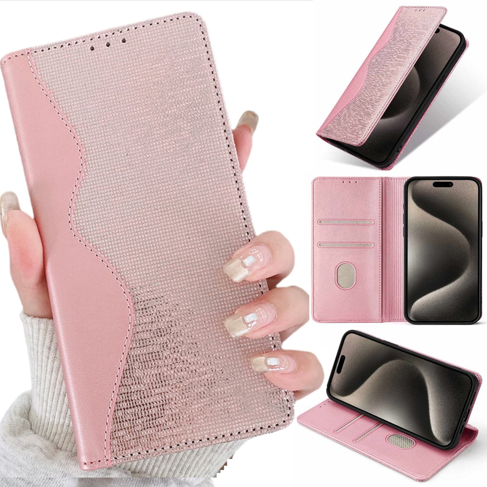 for iPhone 15 Pro Phone Case, Shiny Bling Sequins + Leather Wave ...