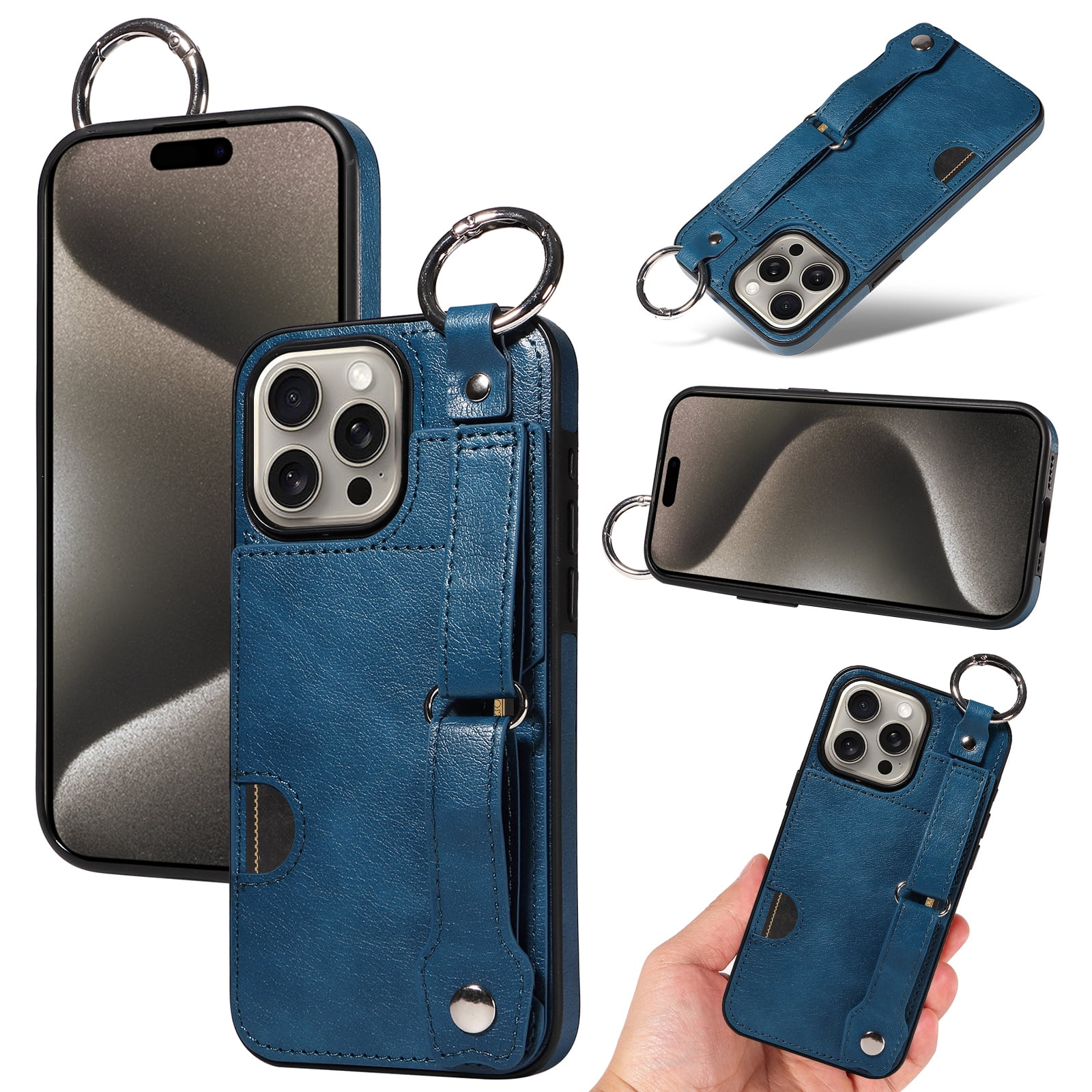 for iPhone 15 Pro Wallet Case with Card Holder, Hand Wrist Strap Loop Holder Kickstand, Finger ...