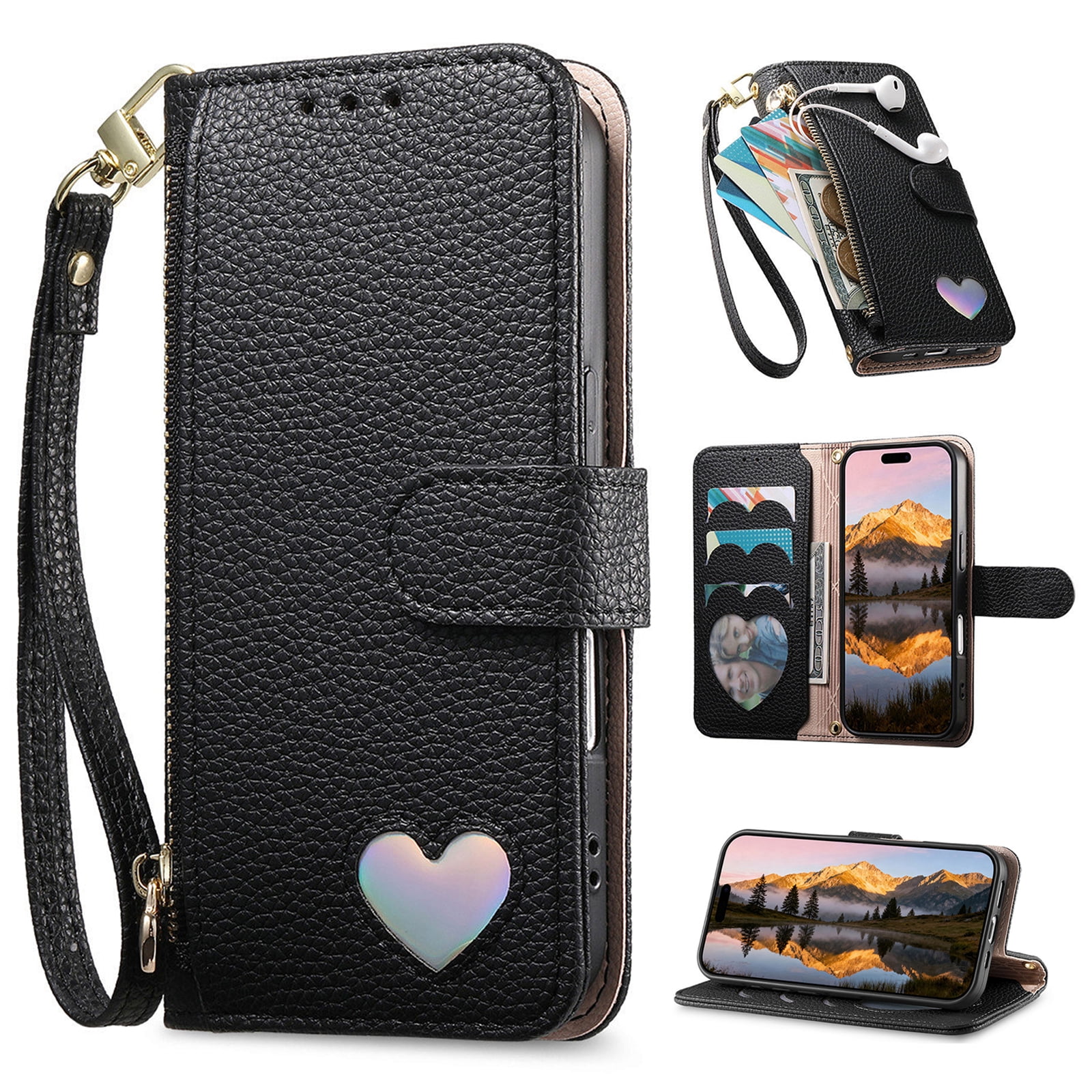 for iPhone 15 Wallet Case, Built-in Card Holder Zipper Pocket Wrist ...