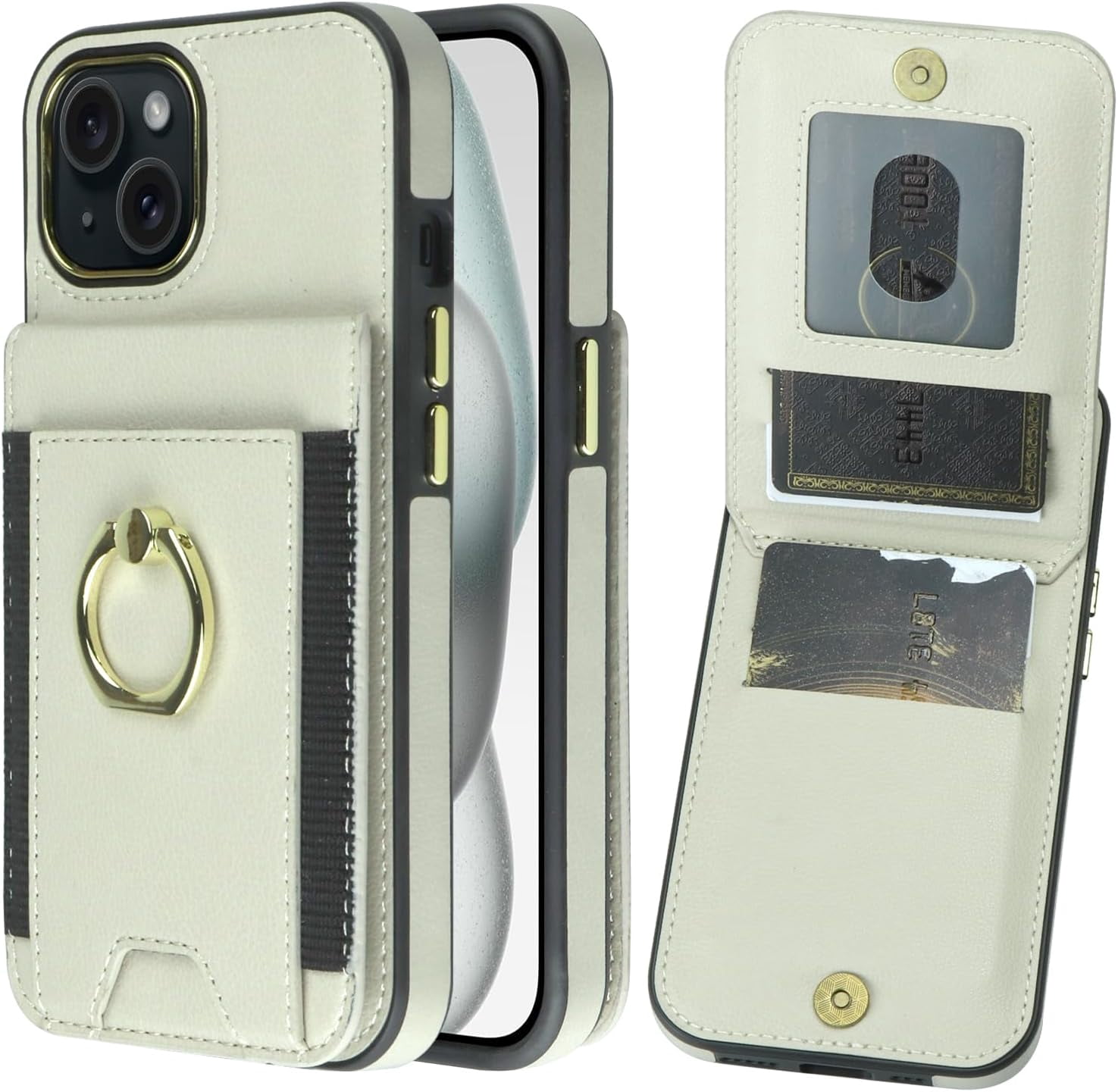 for iPhone 15 Wallet Case with Card Holder and Ring Holder Kickstand ...