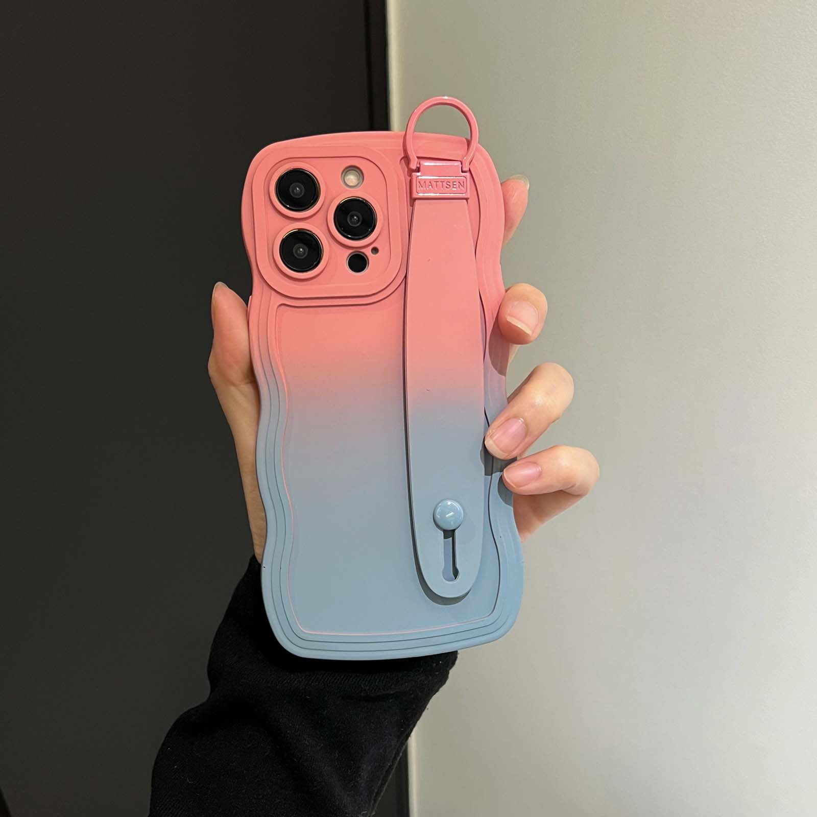 for iPhone 16 Case with Adjustable Wrist Strap Stand, Cute Wavy Curly Gradient Color Soft ...