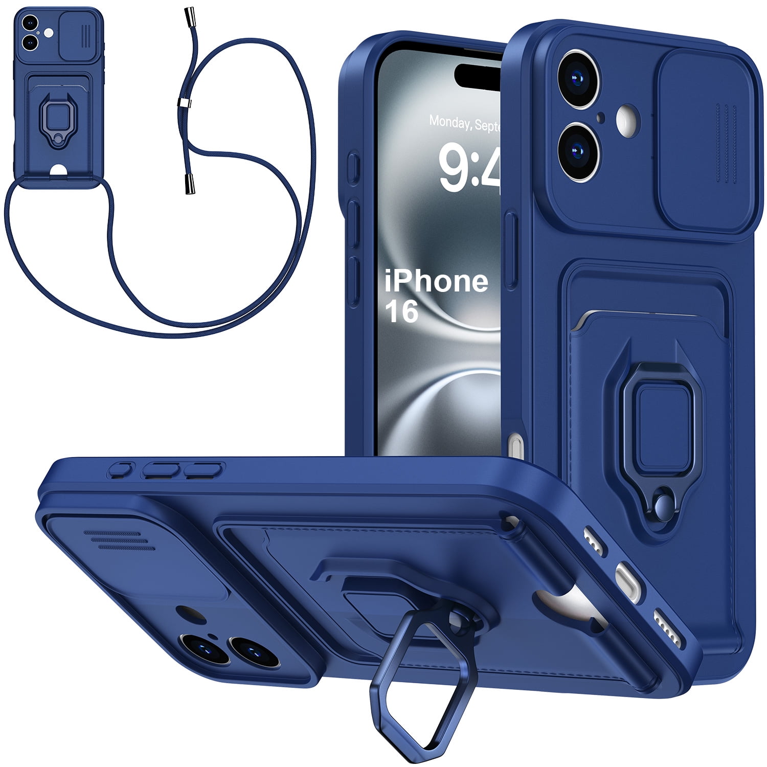 ABCPOW for iPhone 16 Case with Camera Cover,Card Holder,Strap,Crossbody ...