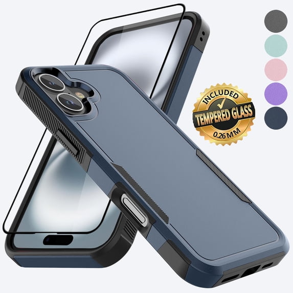For iPhone 16 Case with Tempered Glass Screen Protector, Tekcoo Dual ...