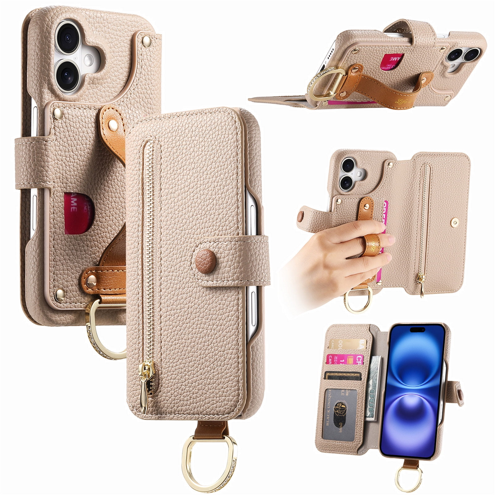 for iPhone 16 Folio Flip Wallet Case, PU Leather Zipper Pocket Card ...