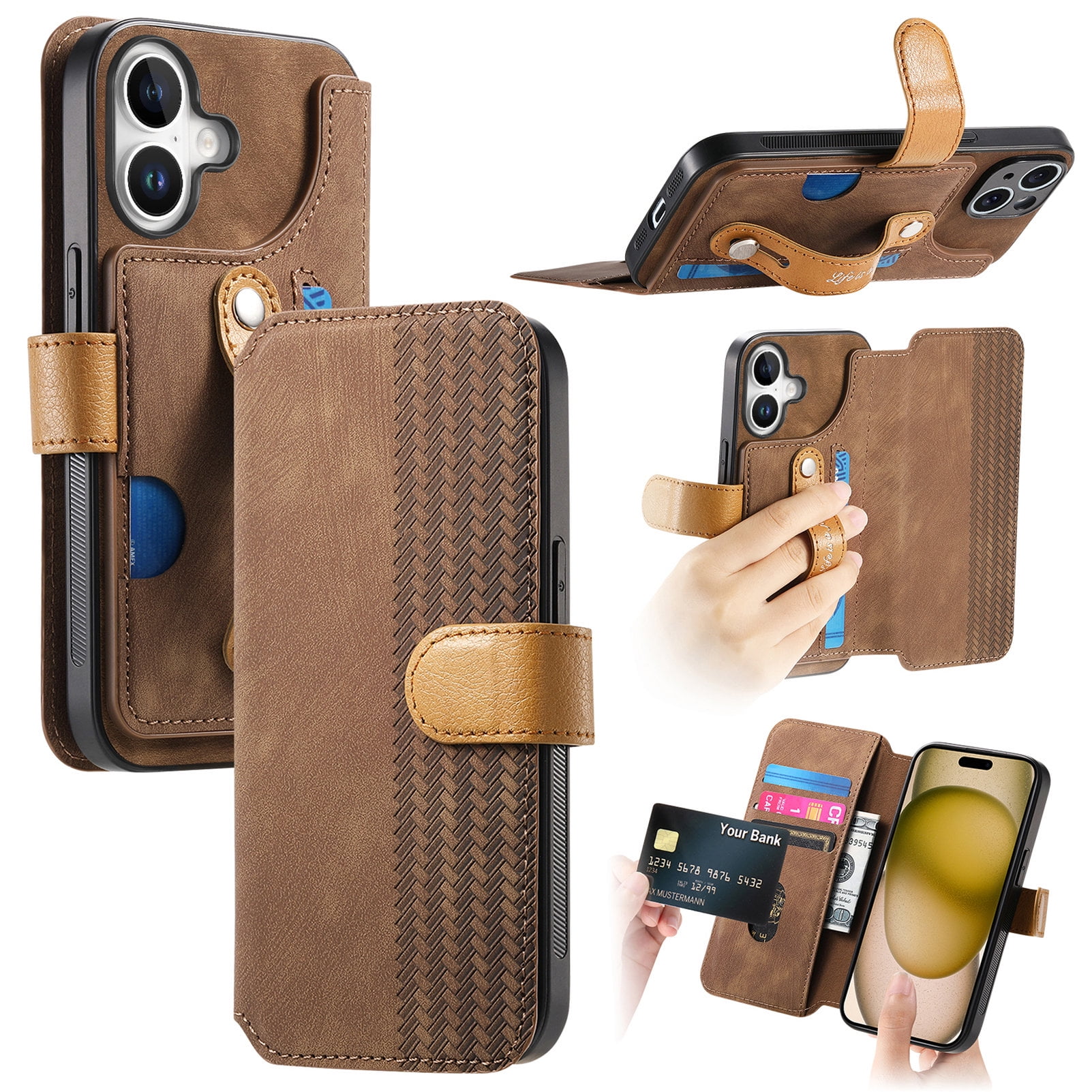 for iPhone 16 PU Leather + TPU Wallet Case, Card Slots Wristband Kickstand RFID Blocking Anti ...