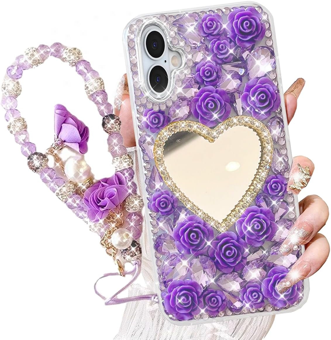 for iPhone 16 Plus Case,Cute Bling Glitter Sparkle Heart Makeup Mirror ...