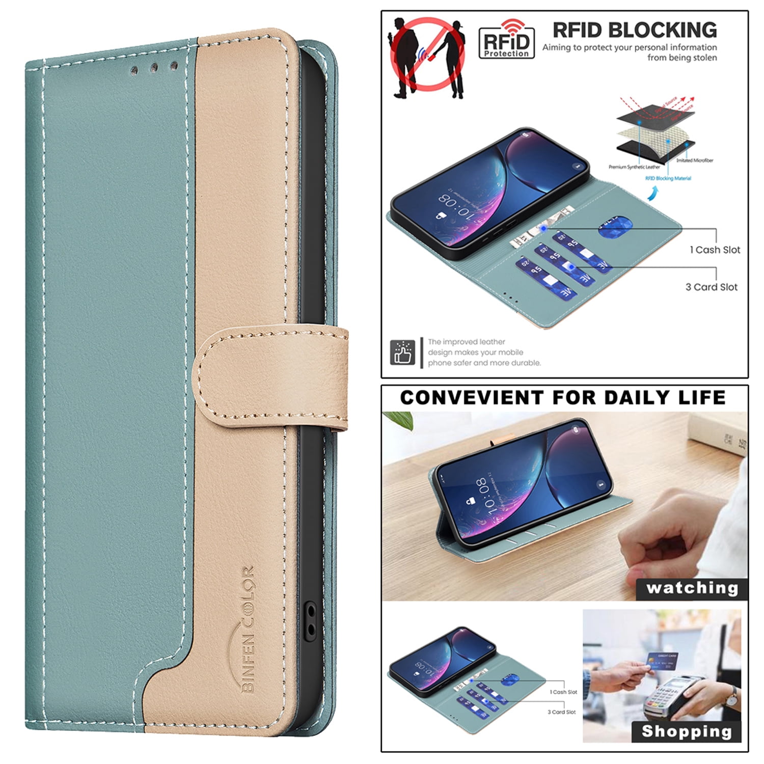 for iPhone 16 Pro Case, Color Blocking Design PU Leather [RFID Blocking ...